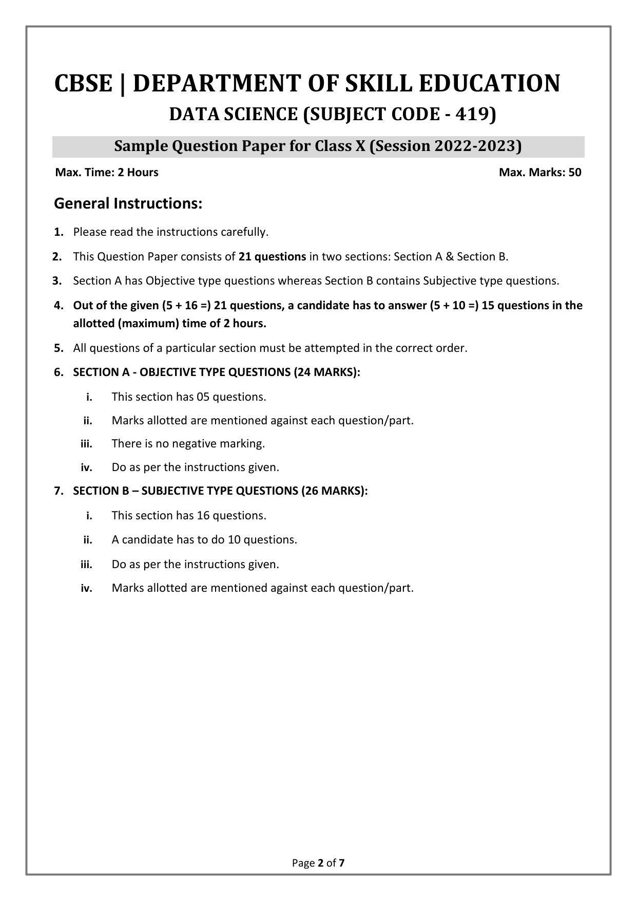CBSE Class 10 Data Science Sample Paper - IndCareer Schools