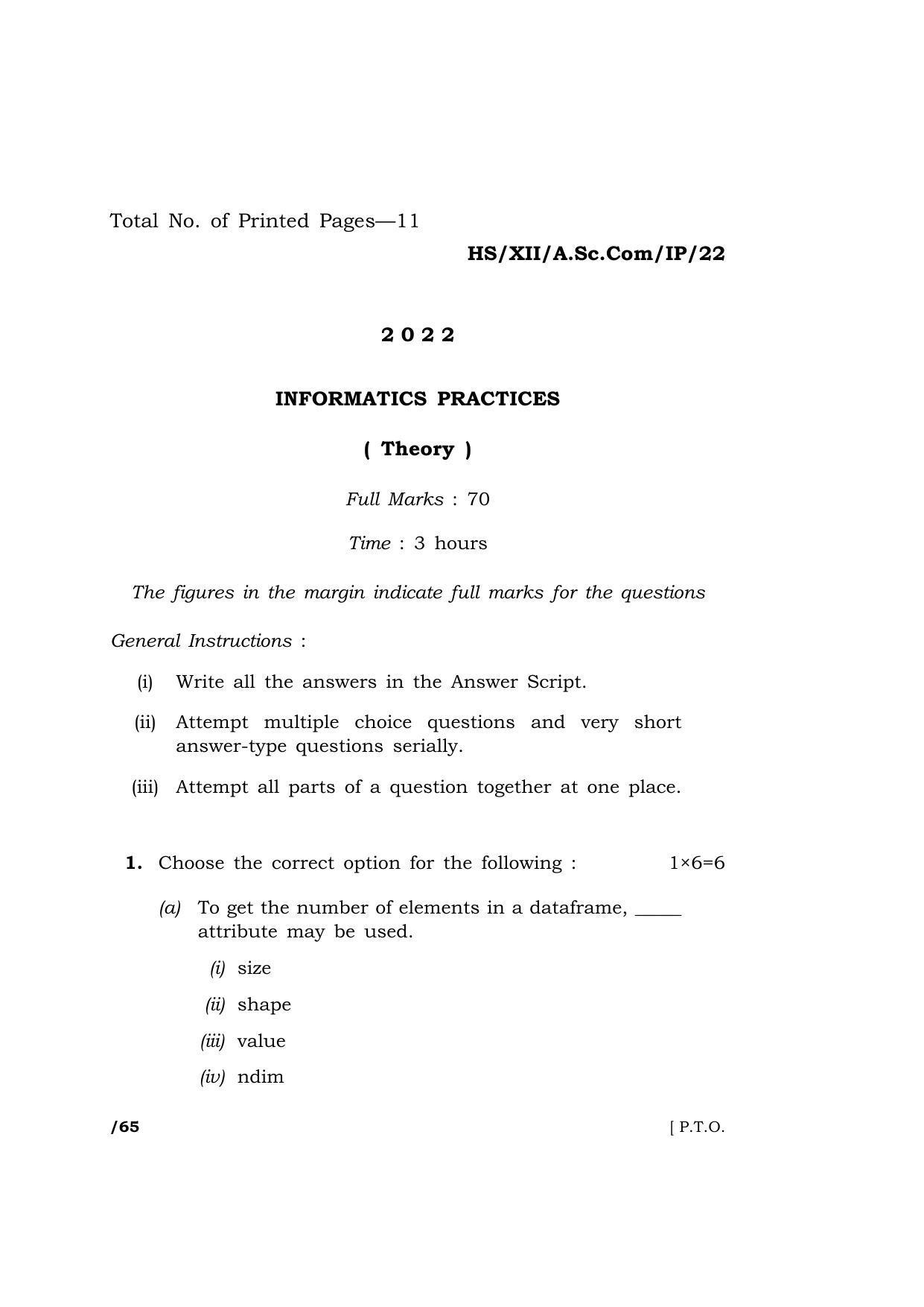 Meghalaya Board (MBOSE) Class 12 INFORMATICS PRACTICES (HS-XII-A-Sc-Com-IP-22) 2022 Question ...