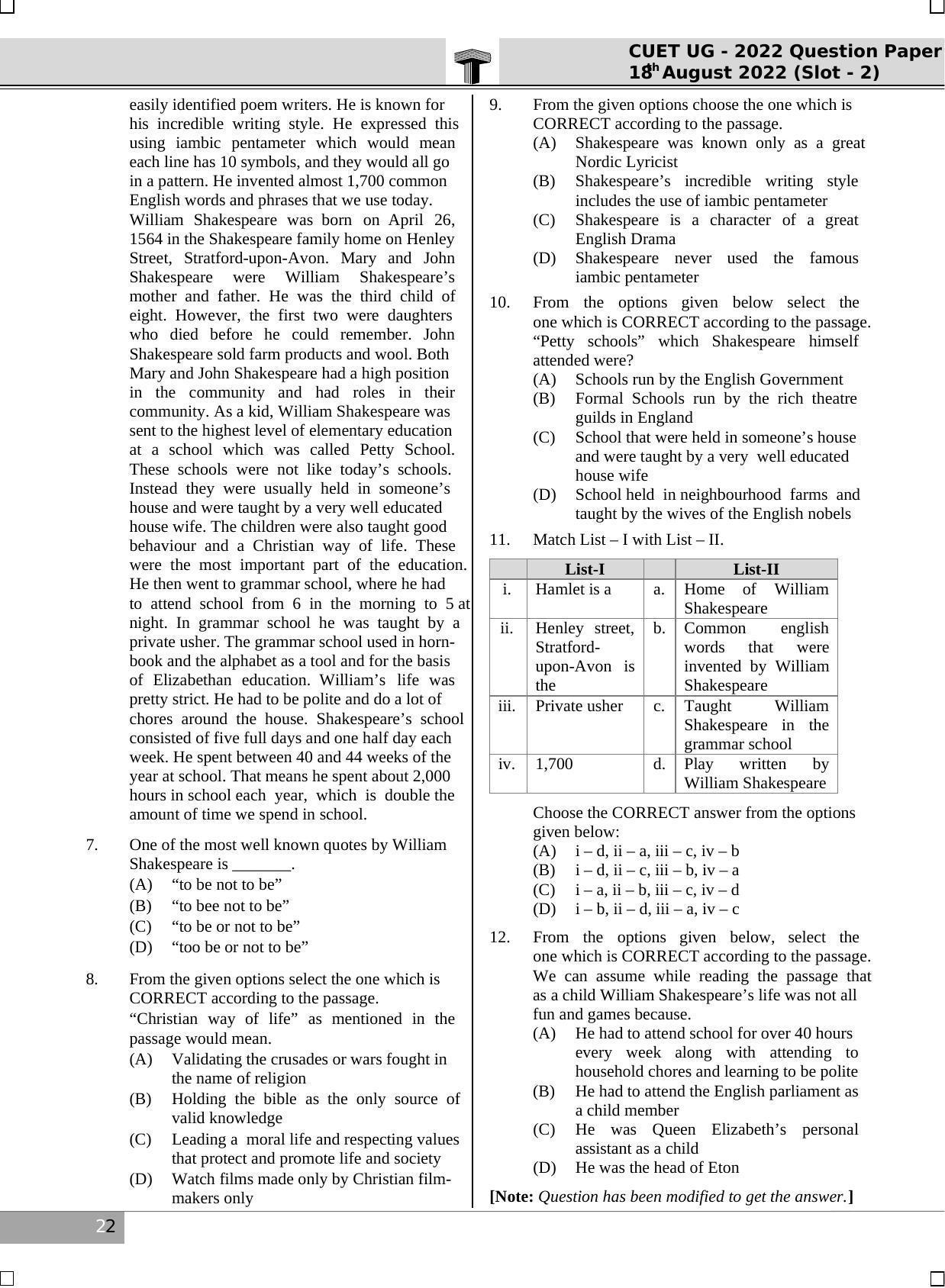 CUET (UG) 2022 English (18th aug 2022, Slot 2) Exam Question Papers ...