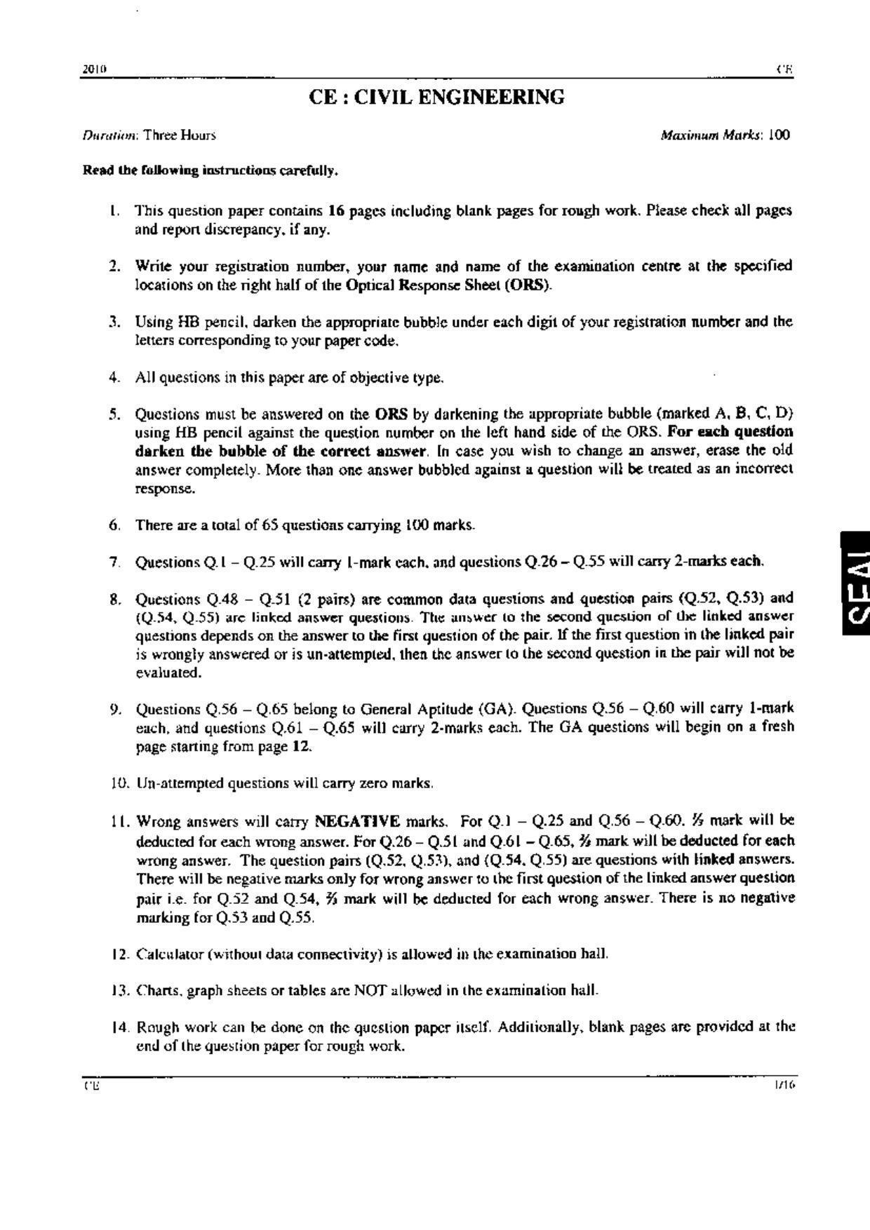 GATE 2010 Civil Engineering (CE) Question Paper with Answer Key ...