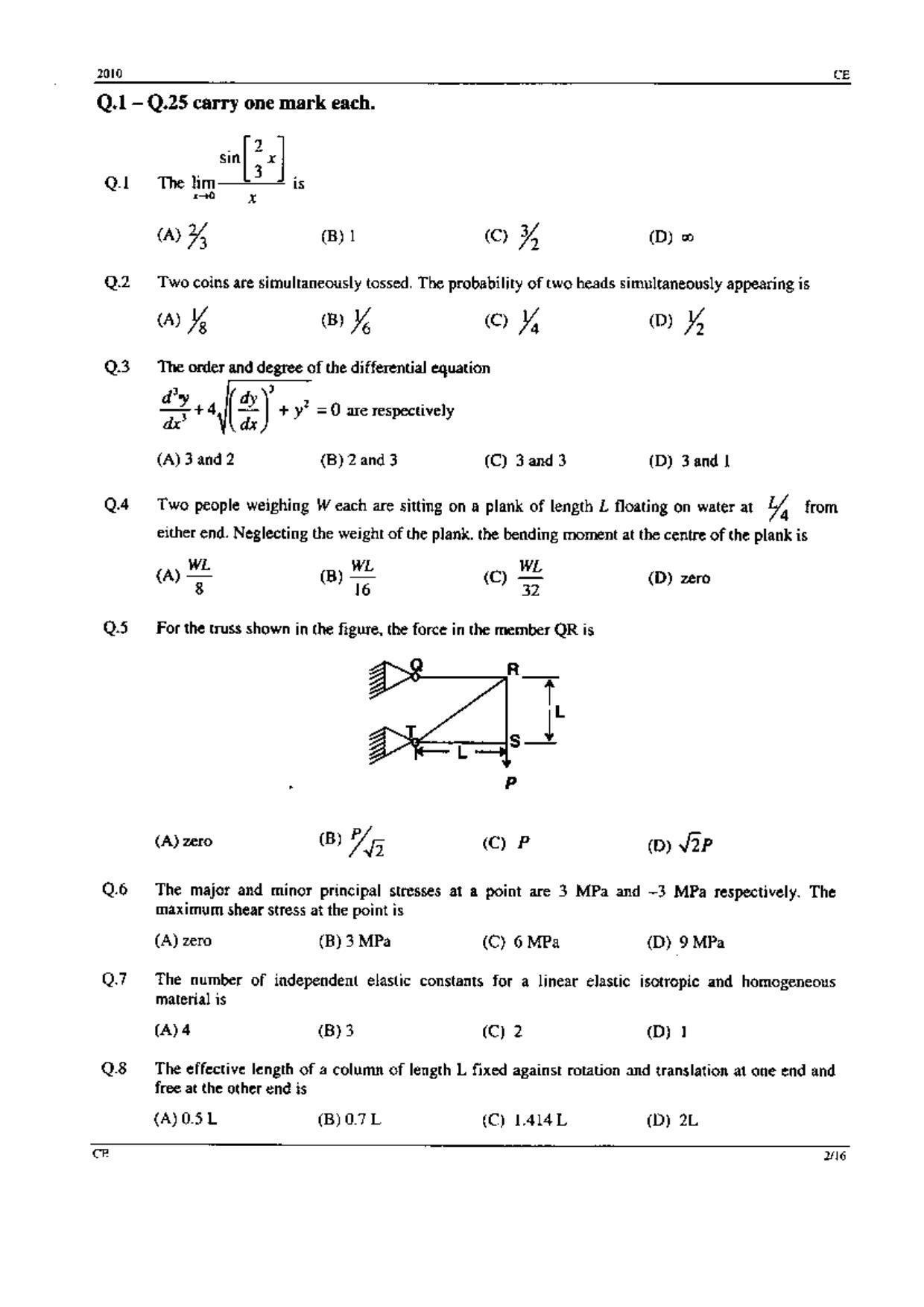 GATE 2010 Civil Engineering (CE) Question Paper with Answer Key ...