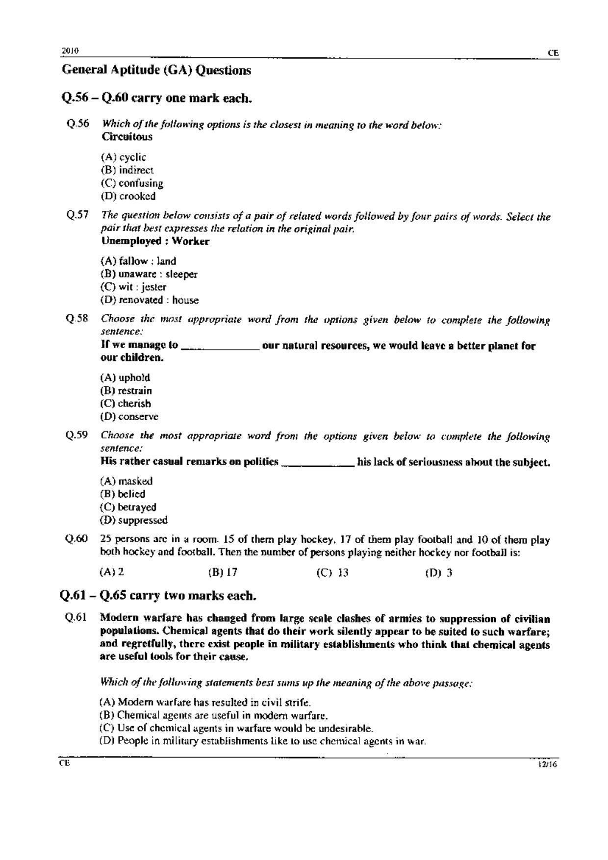 GATE 2010 Civil Engineering (CE) Question Paper with Answer Key ...
