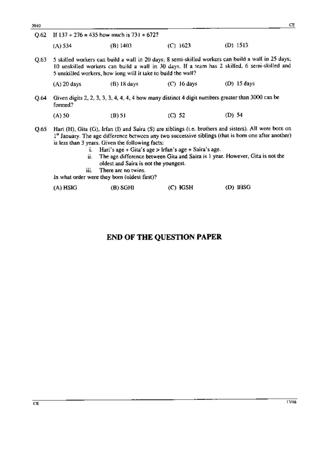 GATE 2010 Civil Engineering (CE) Question Paper with Answer Key ...