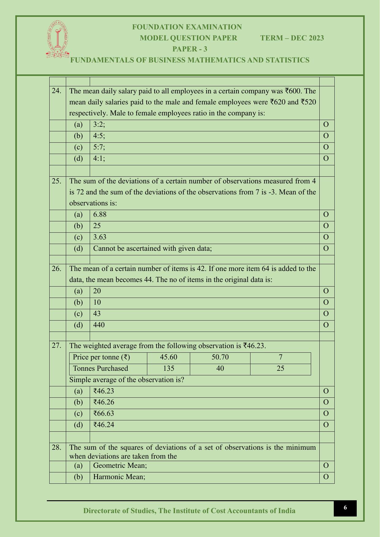 ICMAI Dec 2023 - Paper 3 – FUNDAMENTALS OF BUSINESS MATHEMATICS AND ...