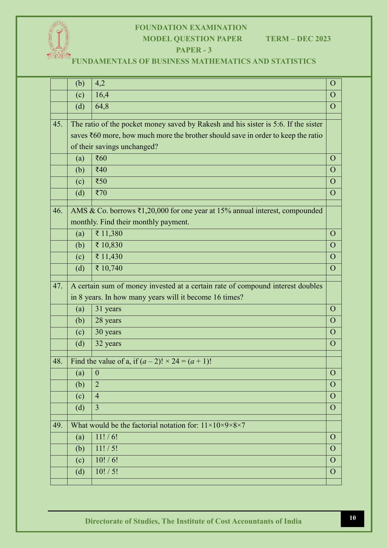 ICMAI Dec 2023 - Paper 3 – FUNDAMENTALS OF BUSINESS MATHEMATICS AND ...