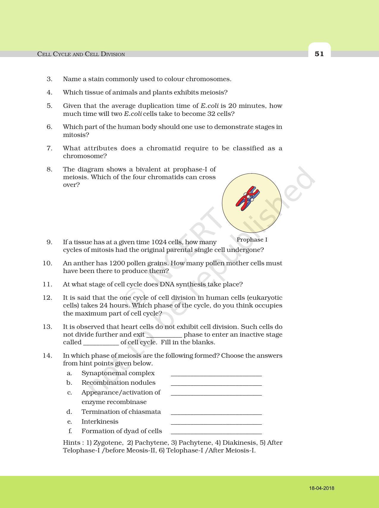 NCERT Exemplar Book for Class 11 Biology Chapter 10 Cell Cycle and Cell ...