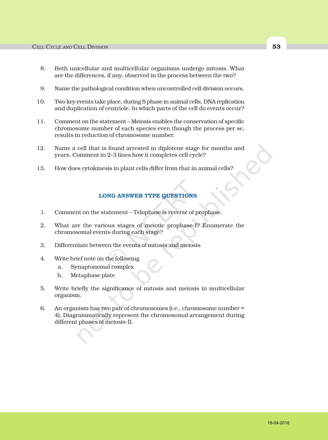 NCERT Exemplar Book for Class 11 Biology Chapter 10 Cell Cycle and Cell ...