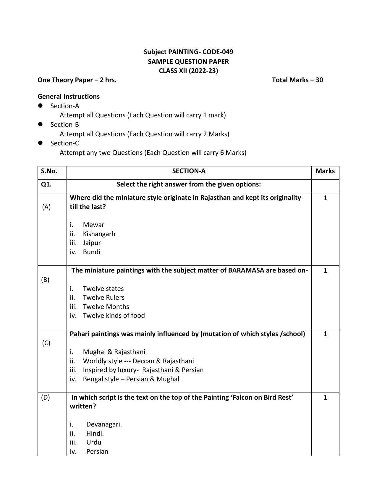 CBSE Class 12 Painting Sample Paper 2023 - IndCareer Docs