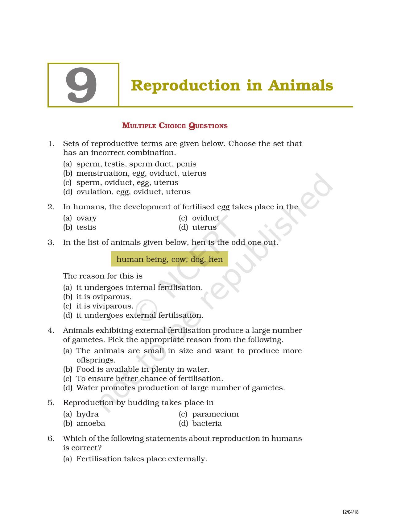 NCERT Exemplar Book for Class 8 Science Chapter 9- Reproduction in Animals