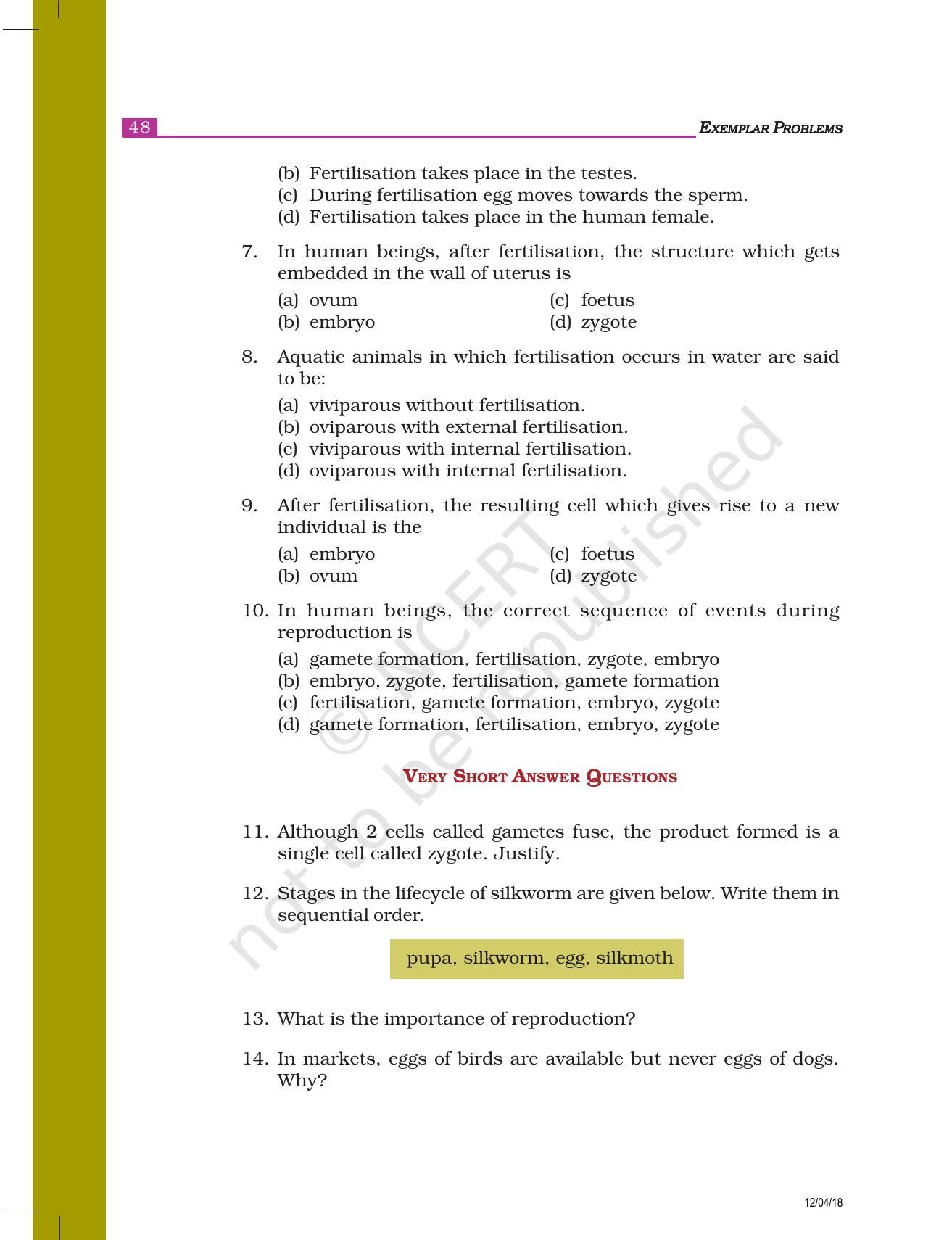 NCERT Exemplar Book for Class 8 Science Chapter 9- Reproduction in Animals