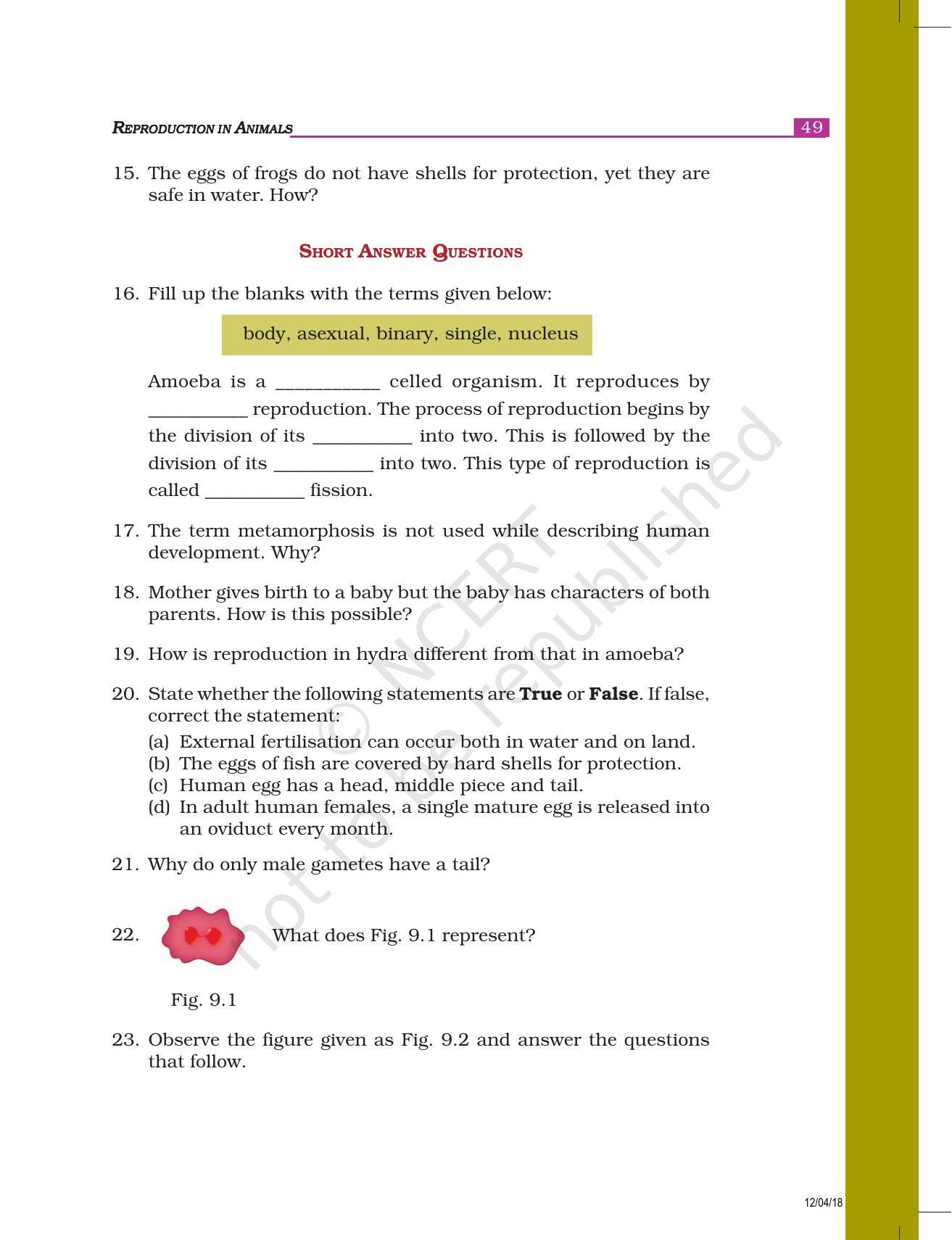 NCERT Exemplar Book for Class 8 Science Chapter 9- Reproduction in Animals