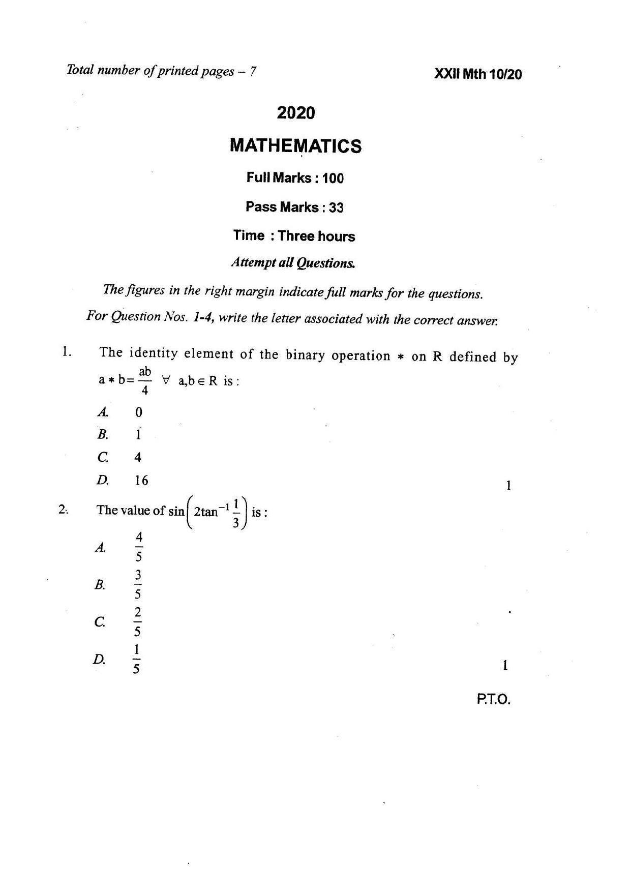 COHSEM Class 12 Mathematics Question Papers 2020 - IndCareer Docs