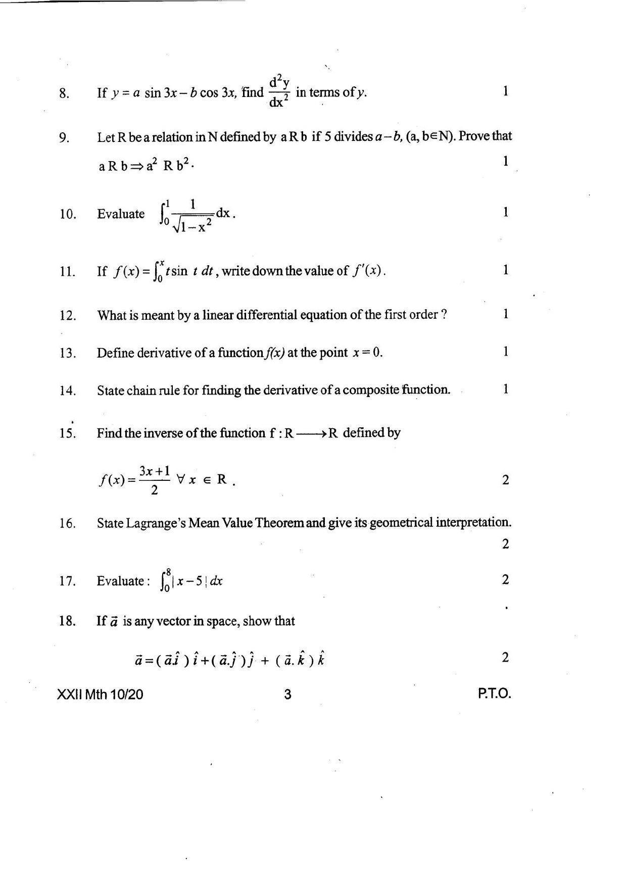 COHSEM Class 12 Mathematics Question Papers 2020 - IndCareer Docs