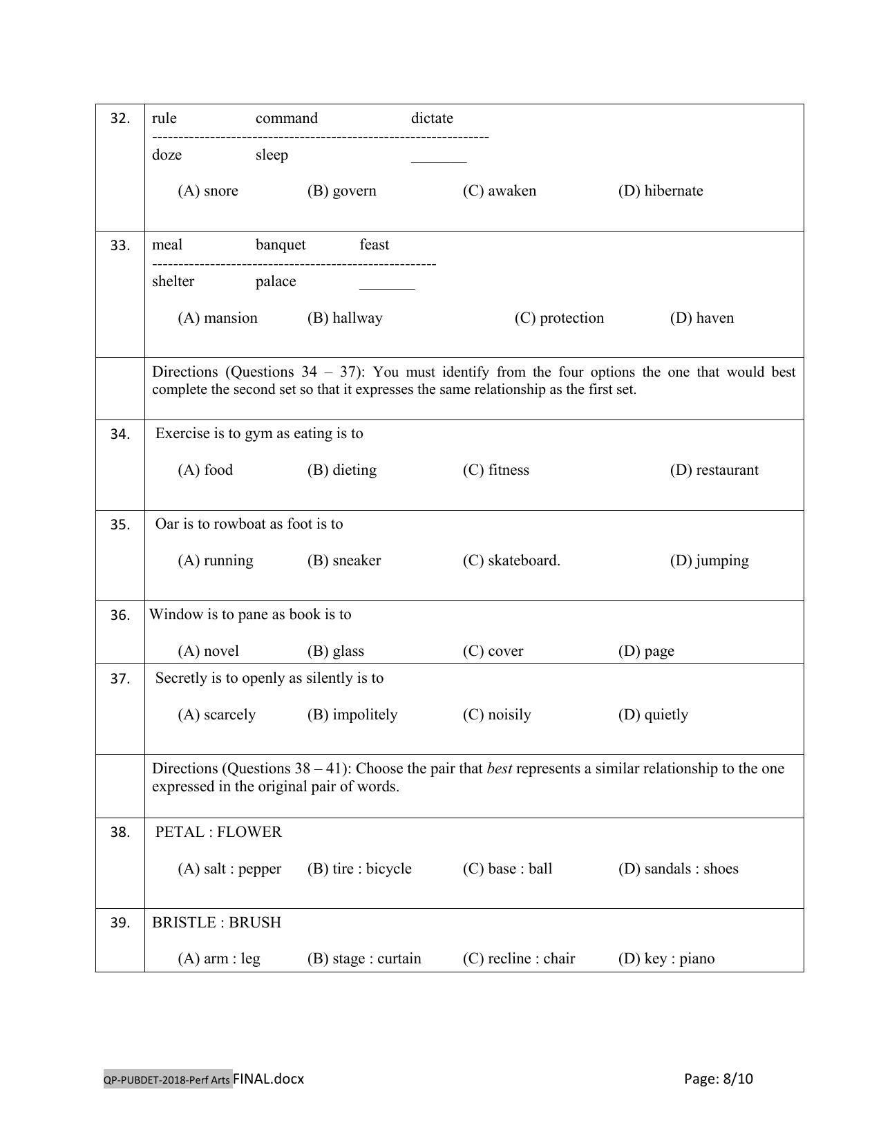 PUBDET 2018 Performing Arts Question Paper - IndCareer Docs