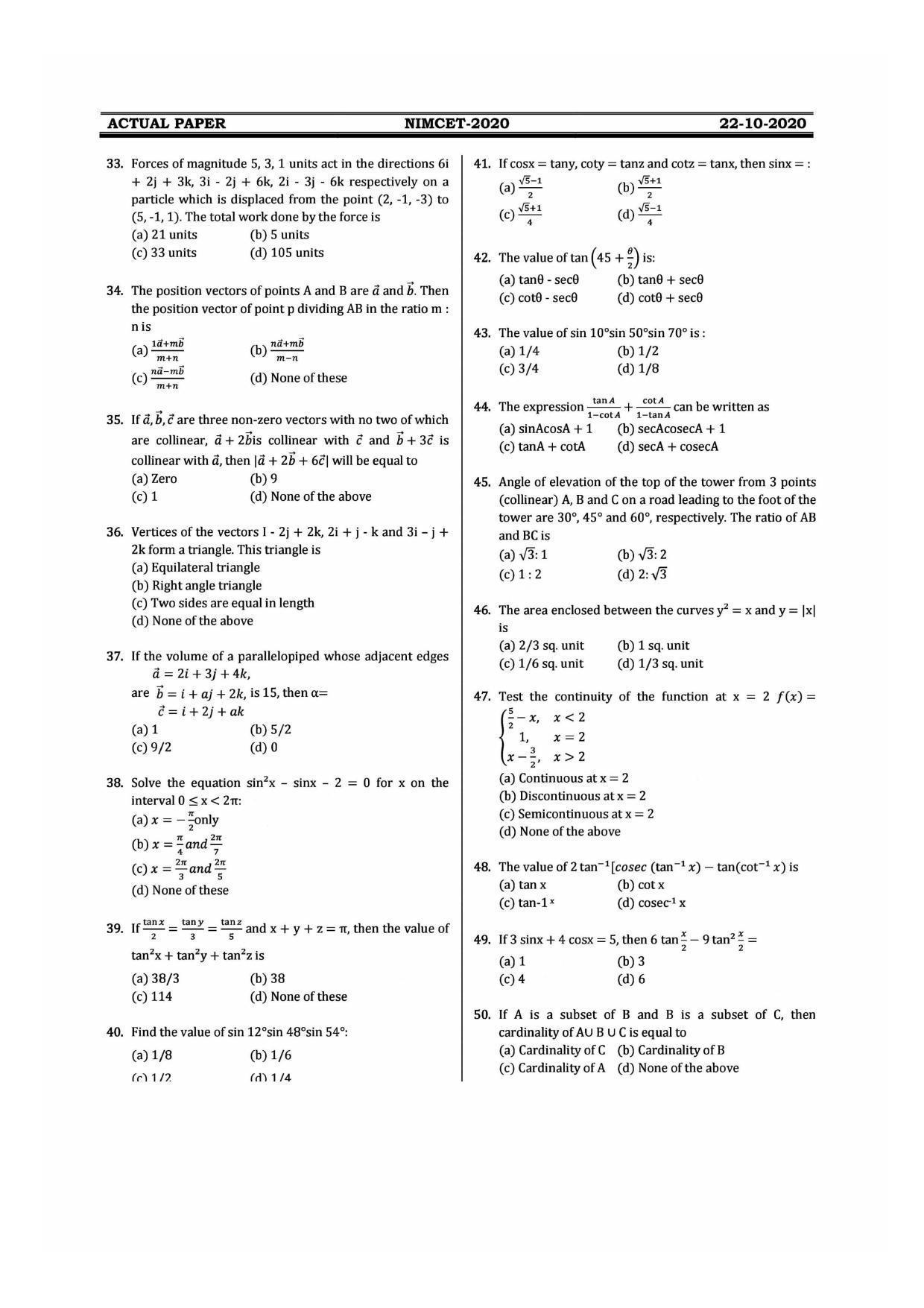 NIMCET 2020 Question Paper - IndCareer Docs