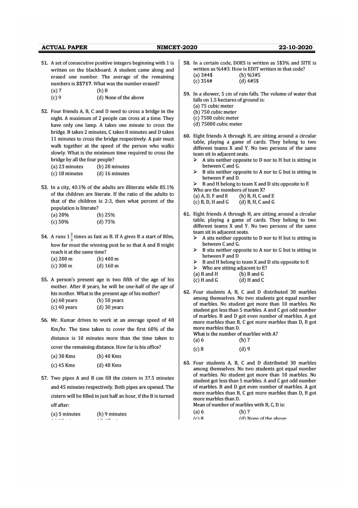 NIMCET 2020 Question Paper - IndCareer Docs