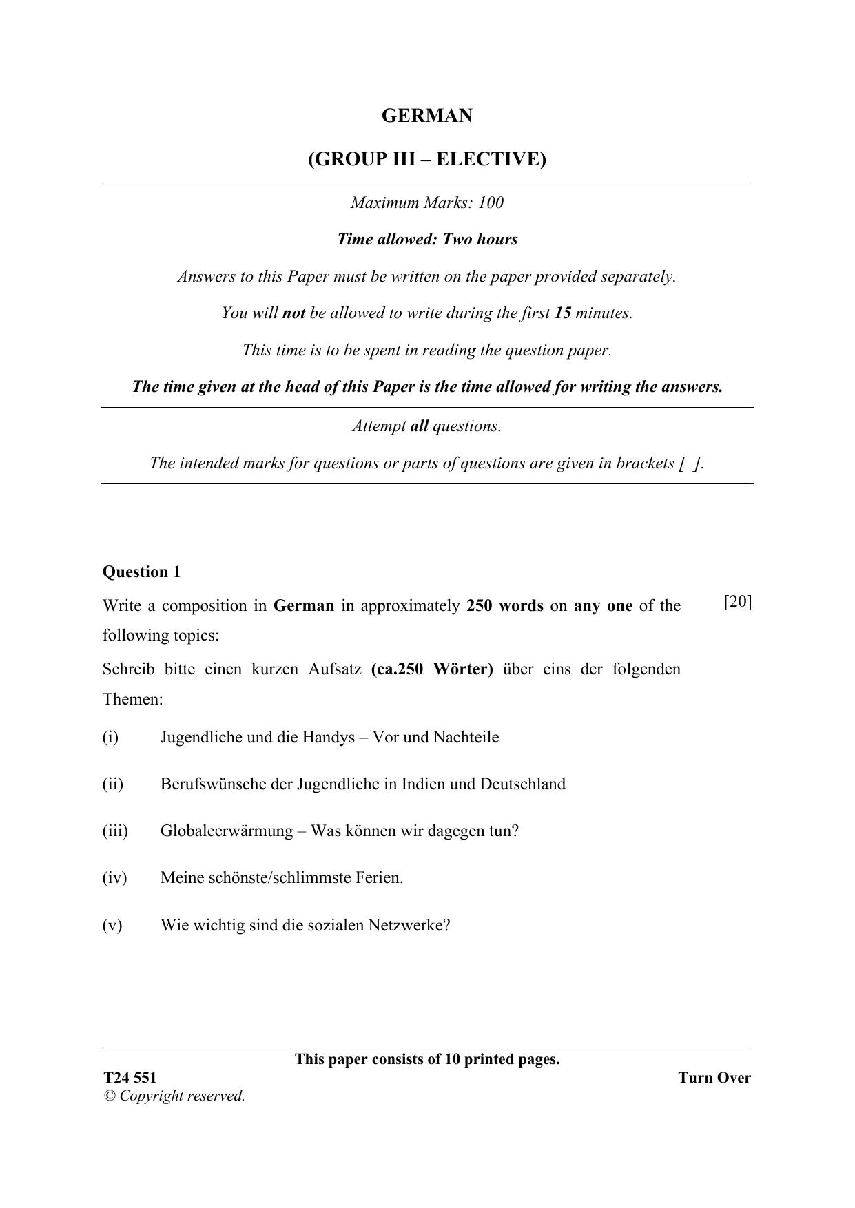 ICSE Class 10 German 2024 Question Paper - IndCareer Docs