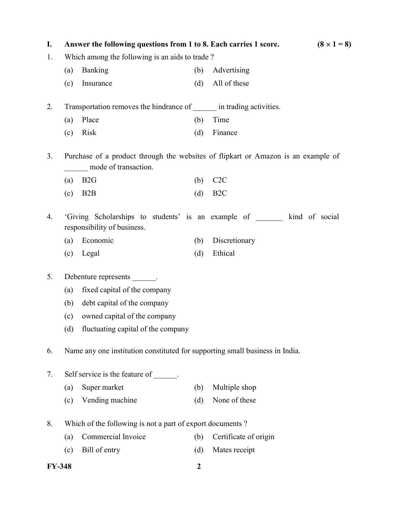 Kerala Plus One 2021 Business Studies Question Papers (Model ...