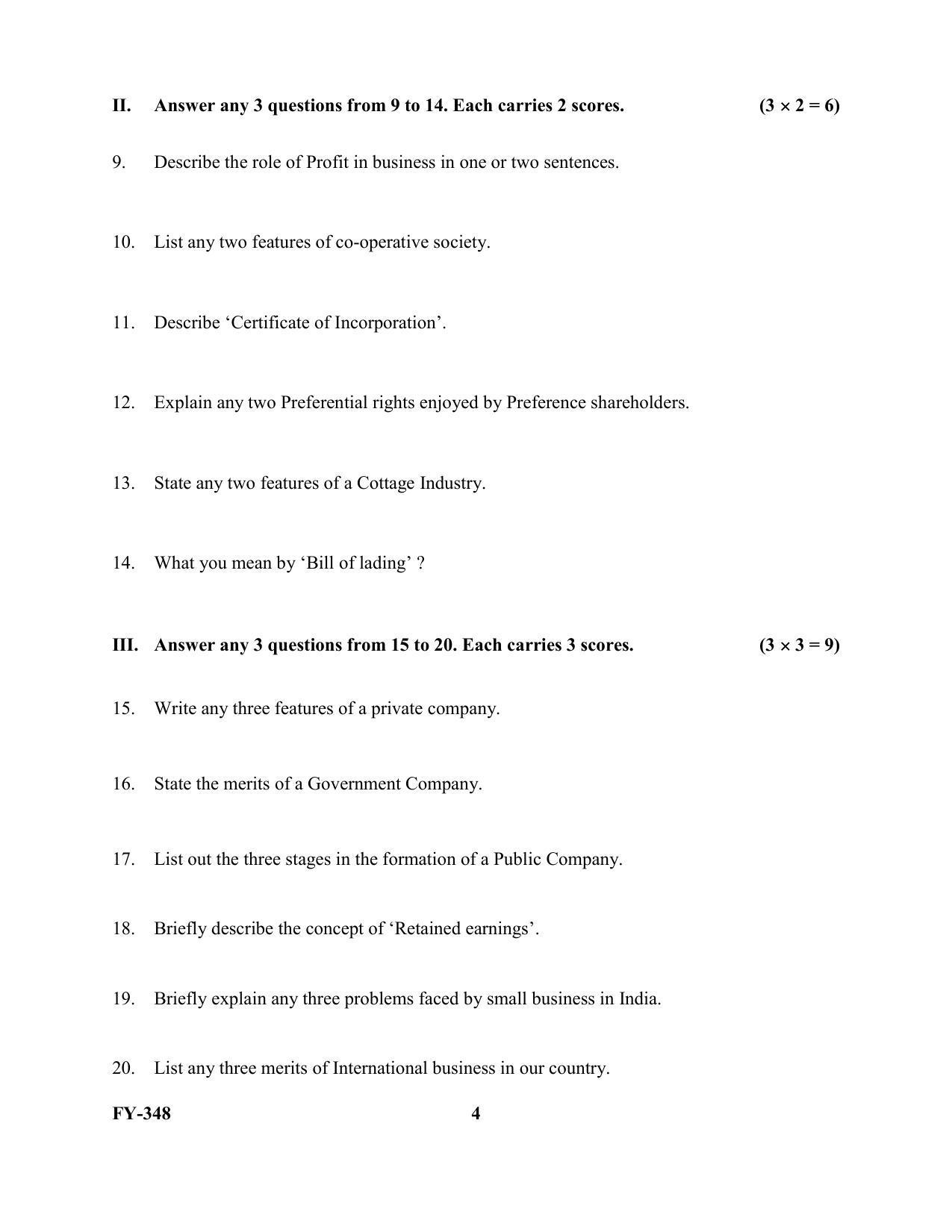 Kerala Plus One 2021 Business Studies Question Papers (Model ...