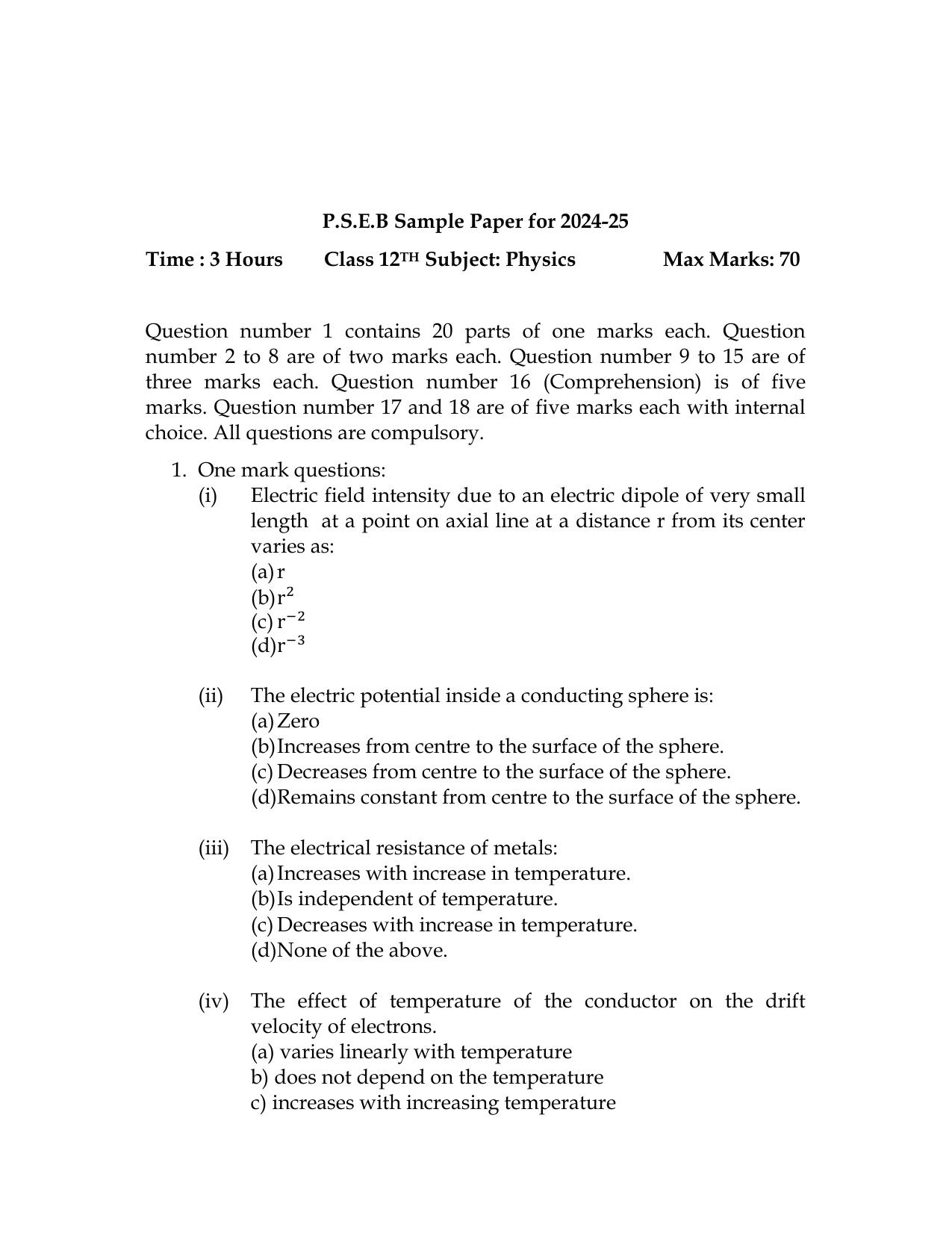 PSEB Class 12th Physics Paper 2025 [PDF] - Punjab Board 12th Physics ...