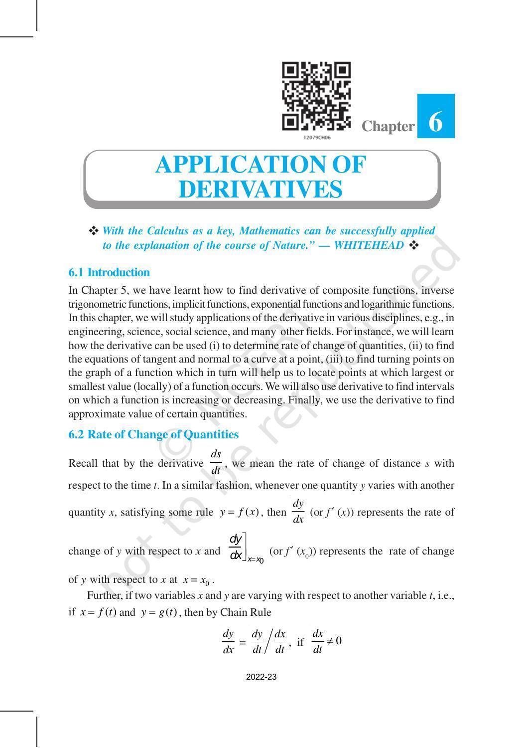 NCERT Book for Class 12 Maths Chapter 6 Application of Derivatives - IndCareer Docs