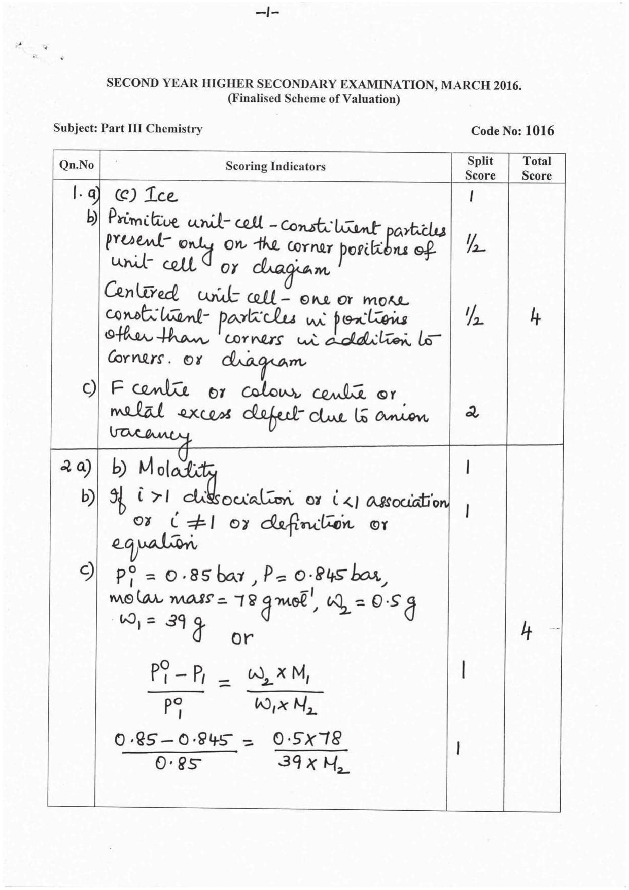 Kerala Plus Two 2016 Chemistry Answer Key - IndCareer Docs