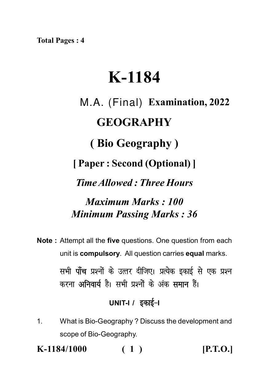 Sarguja University Question Paper - 2022 : M.A. (Final) Geography Bio ...