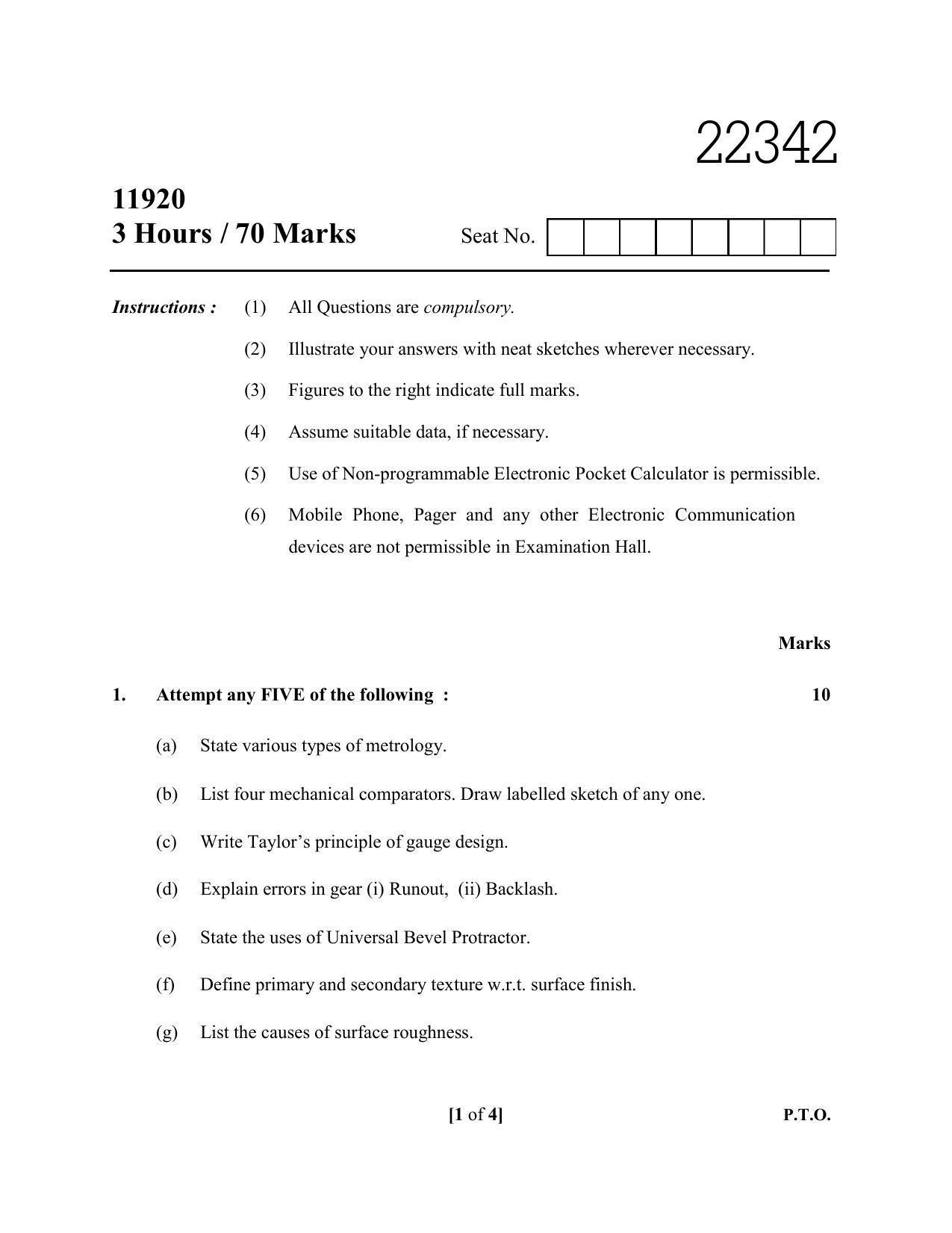 MSBTE Question Paper - 2019 - Engineering Metrology - IndCareer Docs