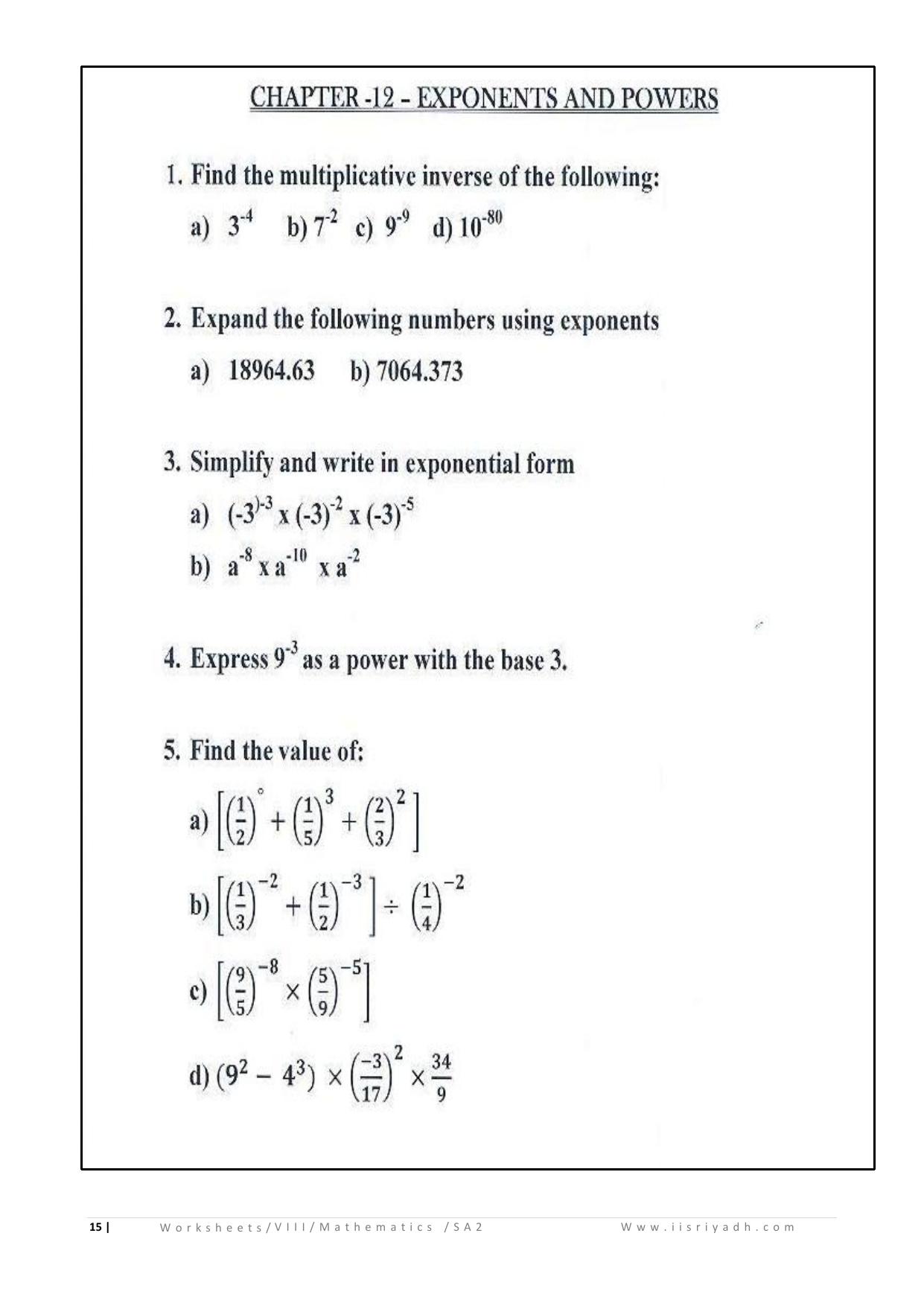 CBSE Worksheets for Class 8 Mathematics Exponents and Powers Assignment ...