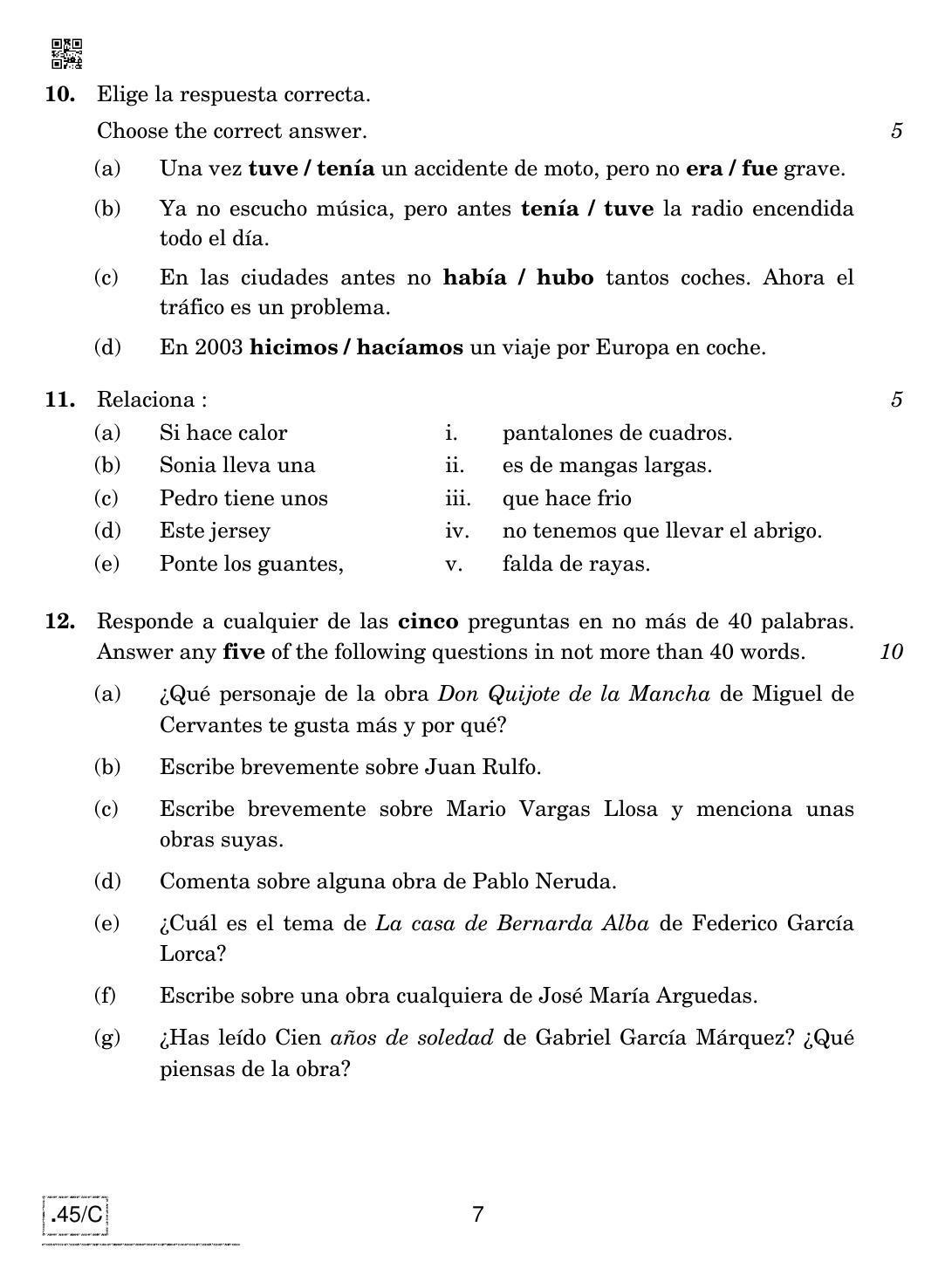 CBSE Class 10 Spanish 2020 Compartment Question Paper - IndCareer Docs