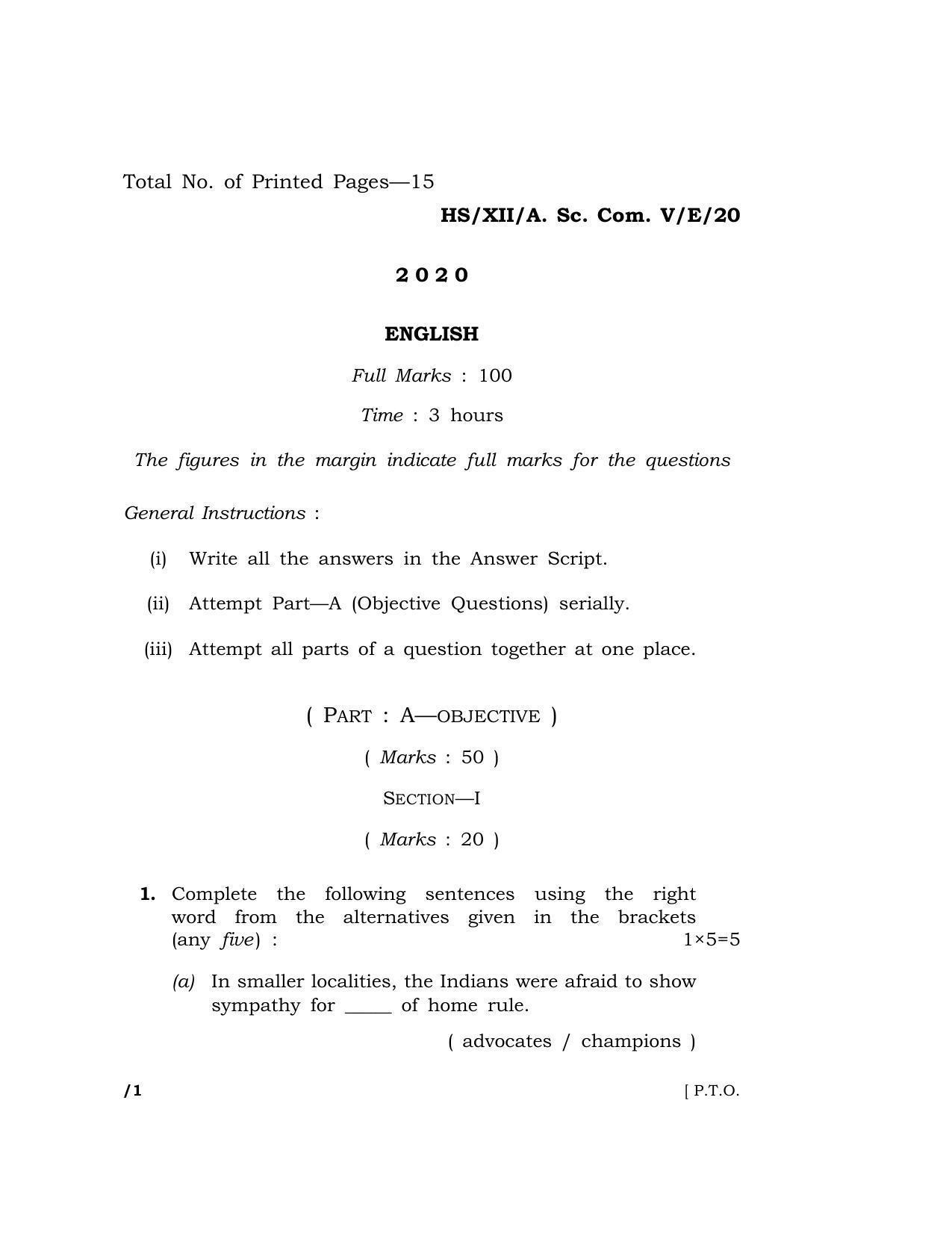 Meghalaya Board (MBOSE) Class 12 ENGLISH 2020 Question Paper ...