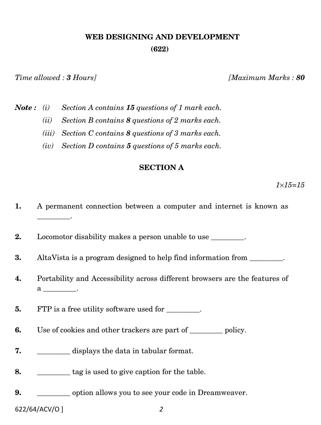 NIOS October 2022 Class 12 Web Designing And Development Question Paper ...