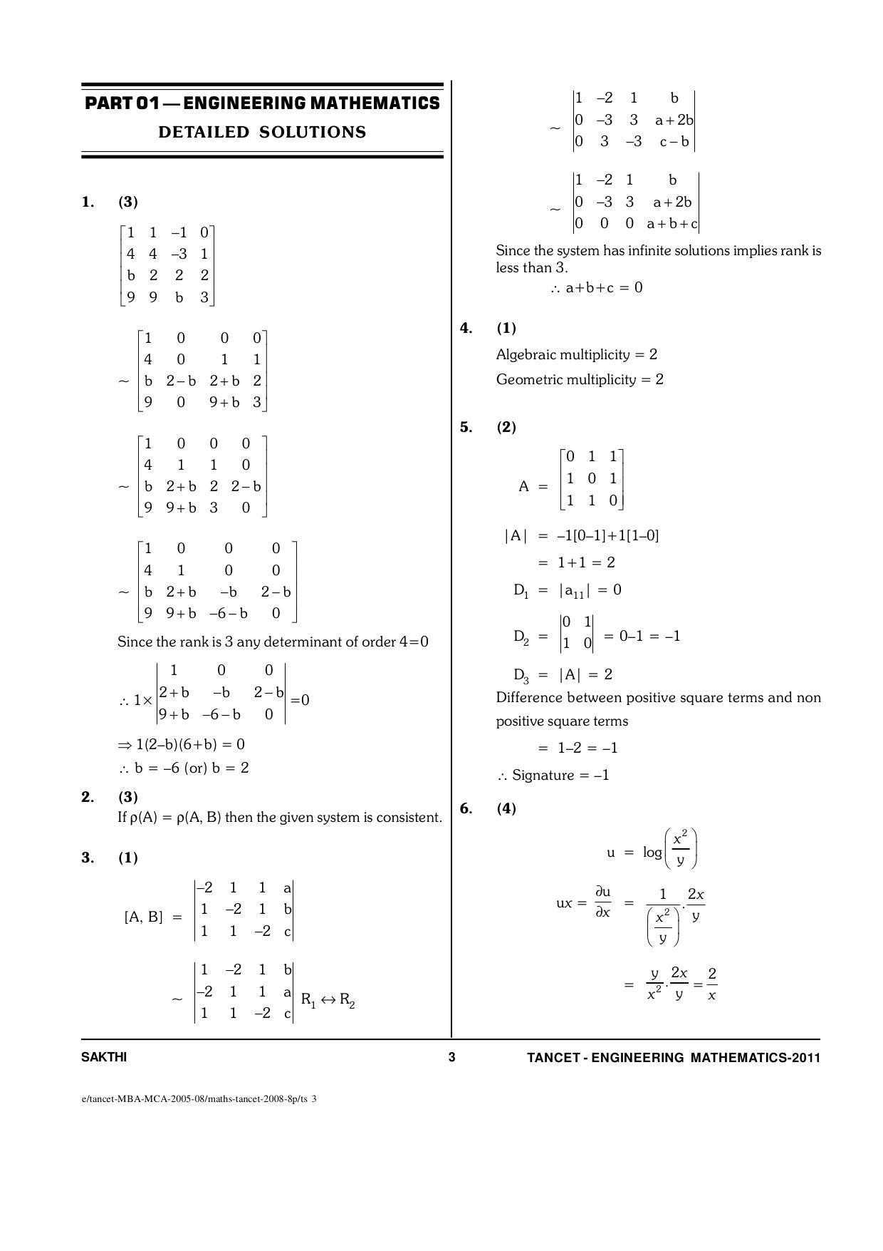 TANCET Engineering Mathematics Question Papers 2011 - IndCareer Docs