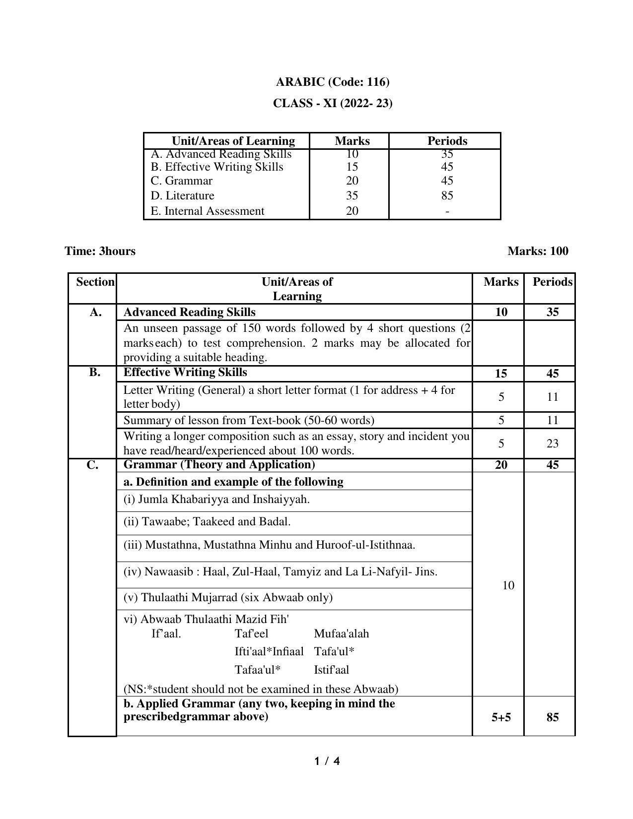 CBSE Class 11 & 12 Syllabus 2022-23 - Arabic - IndCareer Docs