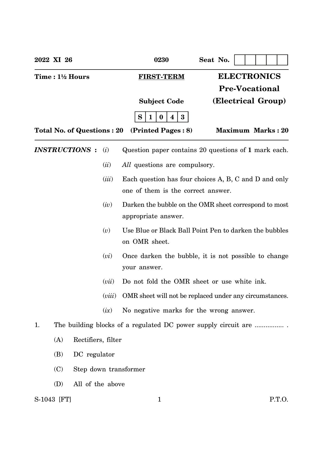 Goa Board Class 10 Electronics (November 2022) Question Paper ...