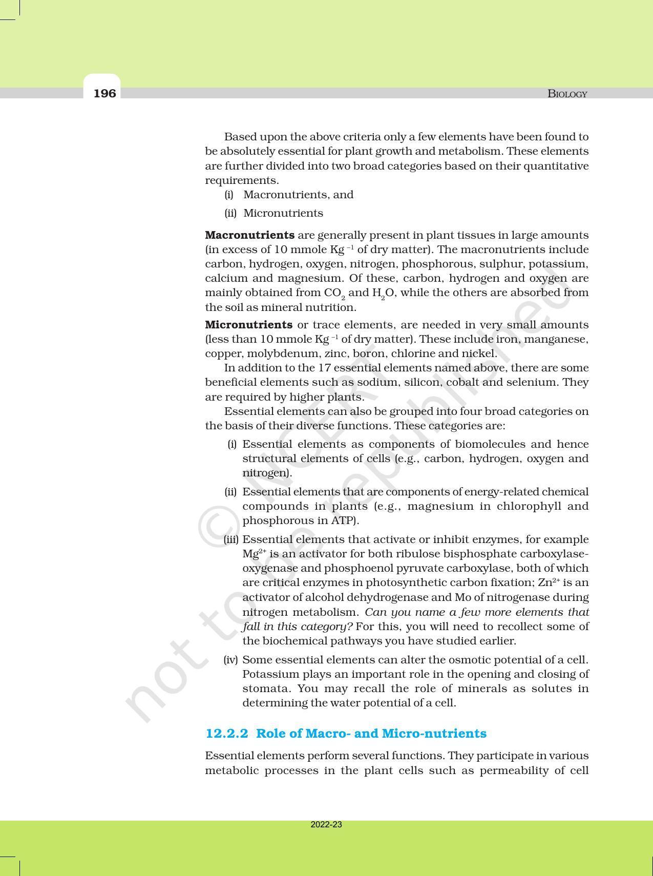 NCERT Book for Class 11 Biology Chapter 12 Mineral Nutrition