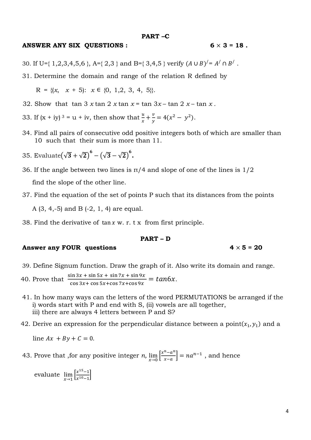 Karnataka 1st PUC Mathematics Model Question Paper 2025 - IndCareer Docs