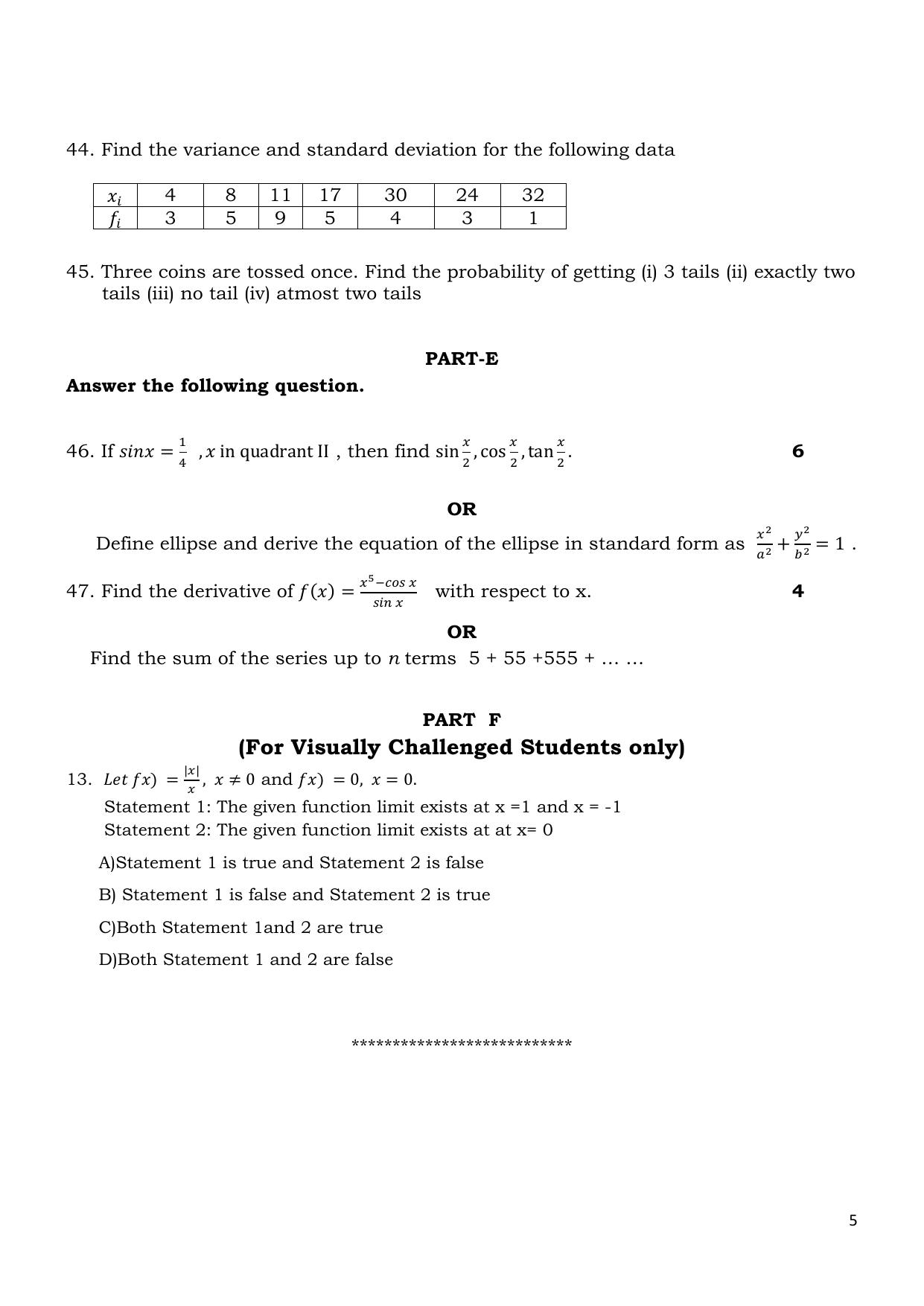 Karnataka 1st PUC Mathematics Model Question Paper 2025 - IndCareer Docs