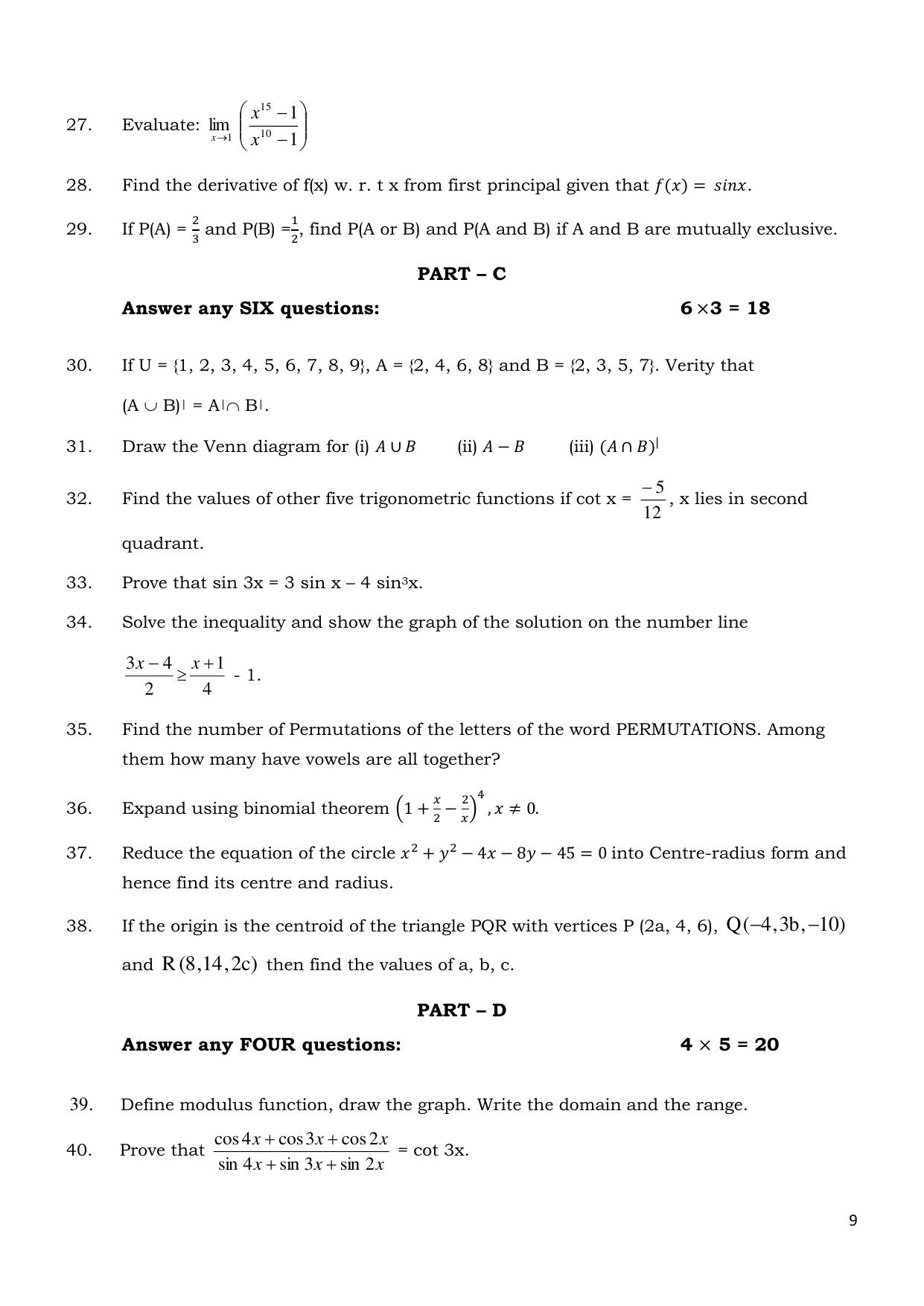 Karnataka 1st PUC Mathematics Model Question Paper 2025 - IndCareer Docs