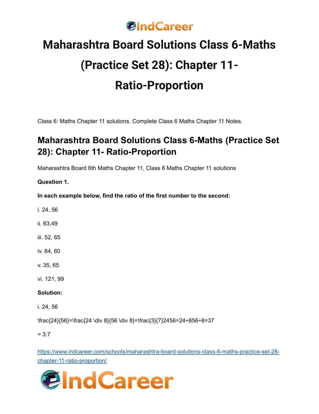 Maharashtra Board Solutions Class 6-Maths (Practice Set 28): Chapter 11- Ratio-Proportion ...