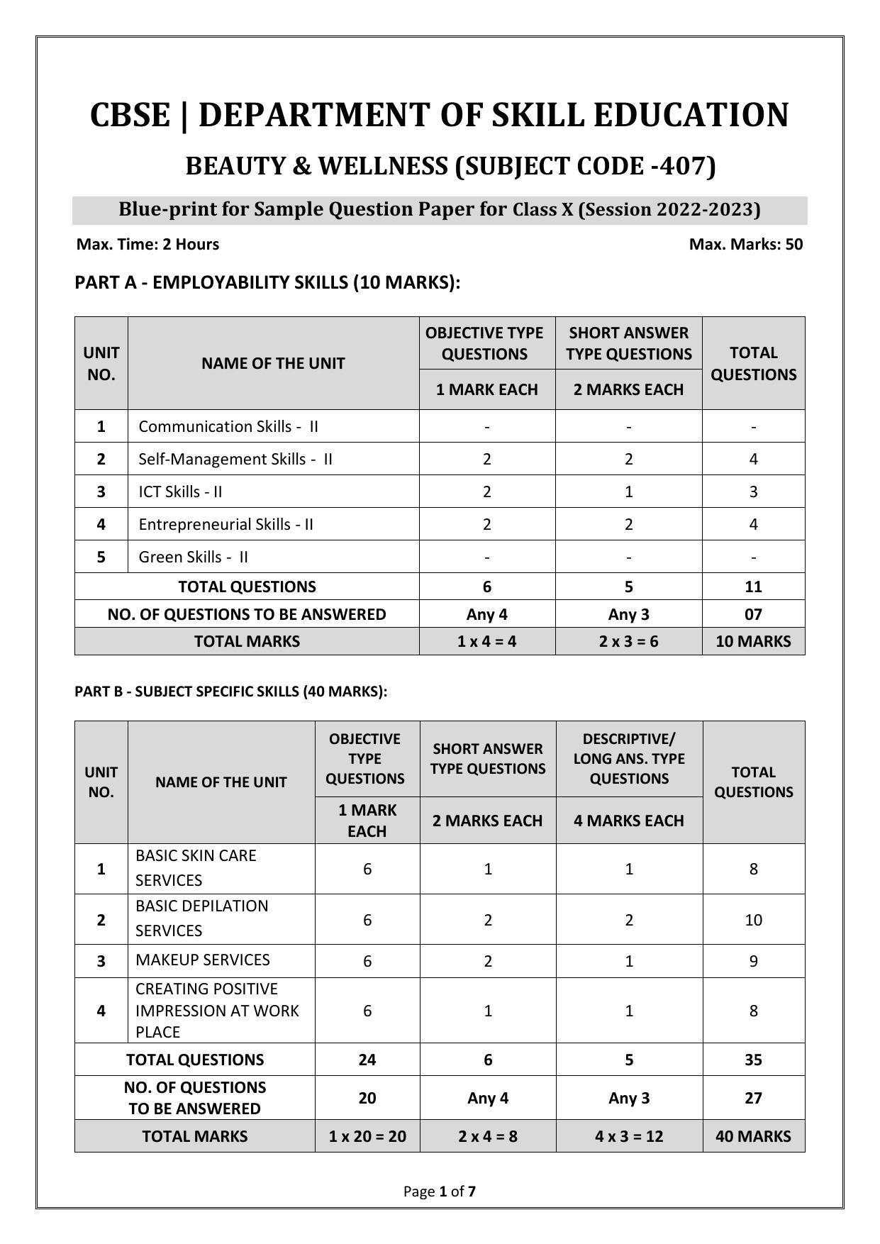 CBSE Class 10 Beauty And Wellness Sample Paper - IndCareer Schools