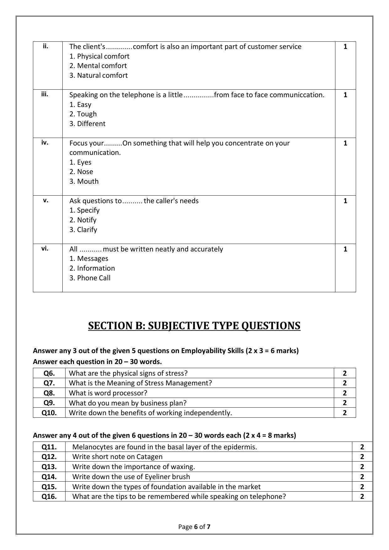CBSE Class 10 Beauty And Wellness Sample Paper - IndCareer Schools