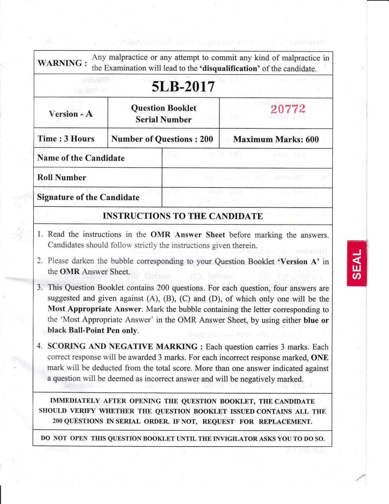 KLEE 5 Year LLB Exam 2017 Question Paper - IndCareer Docs