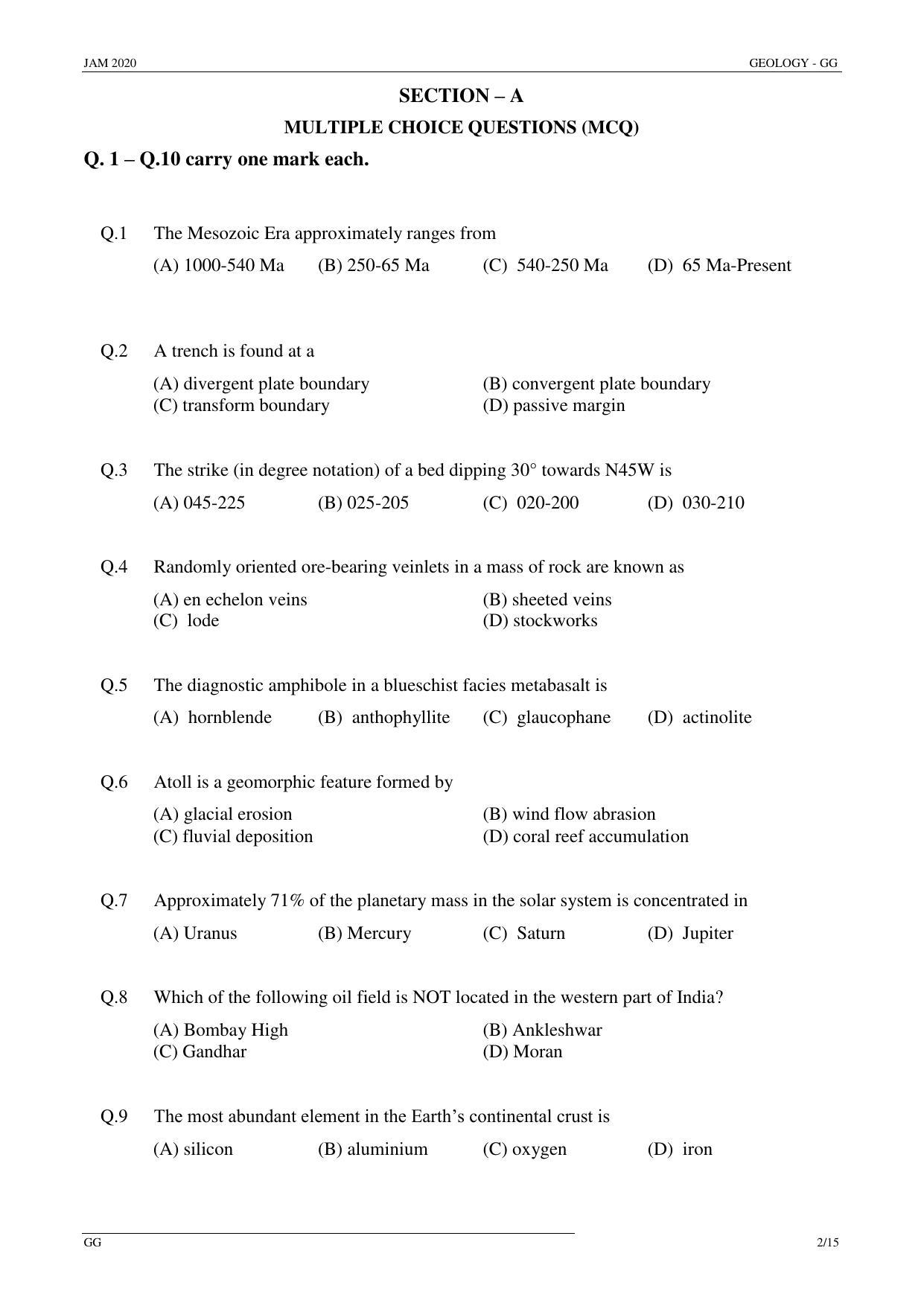 JAM 2020: GG Question Paper - IndCareer Docs