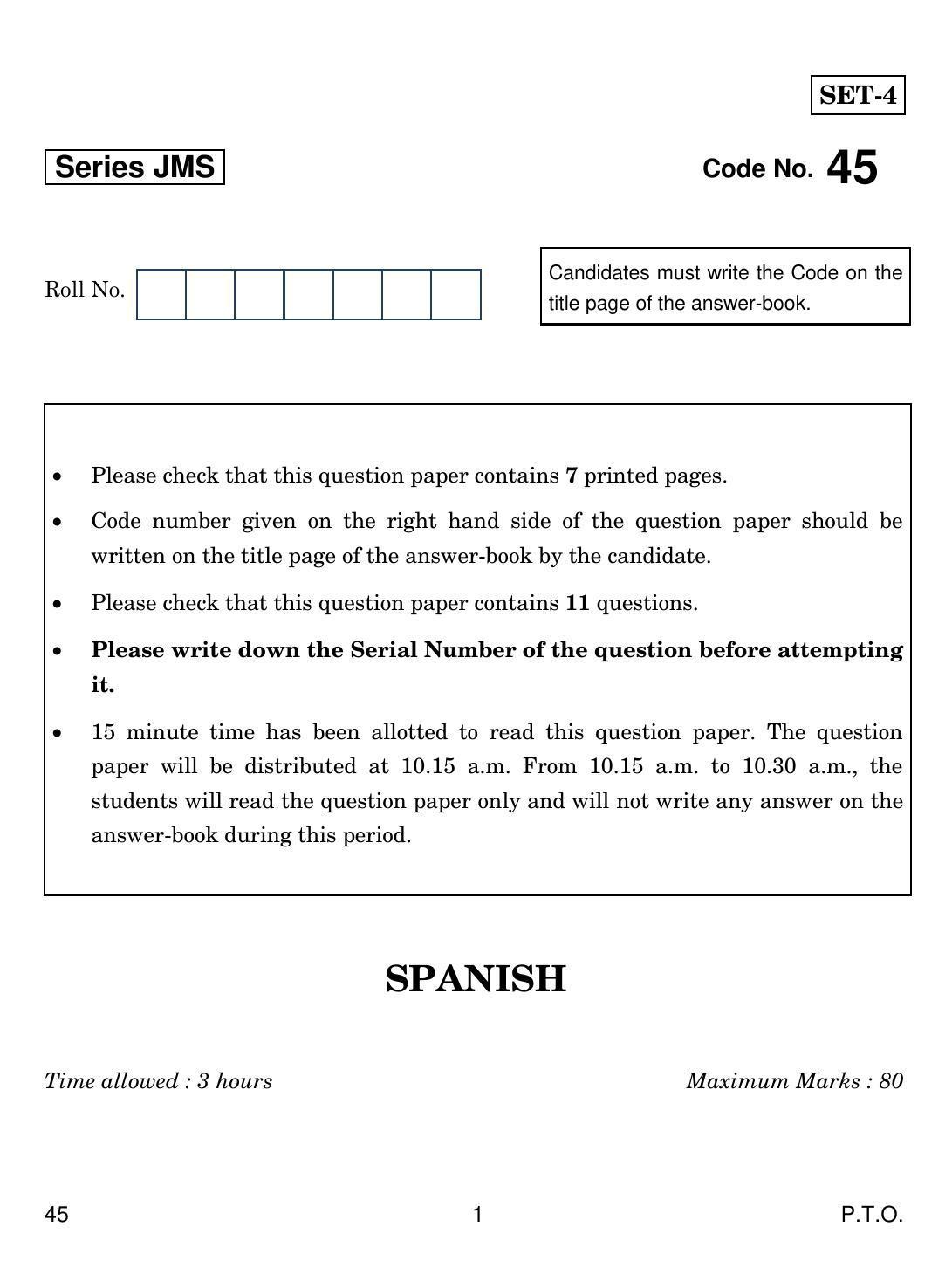 CBSE Class 10 45 SPANISH 2019 Question Paper - IndCareer Docs