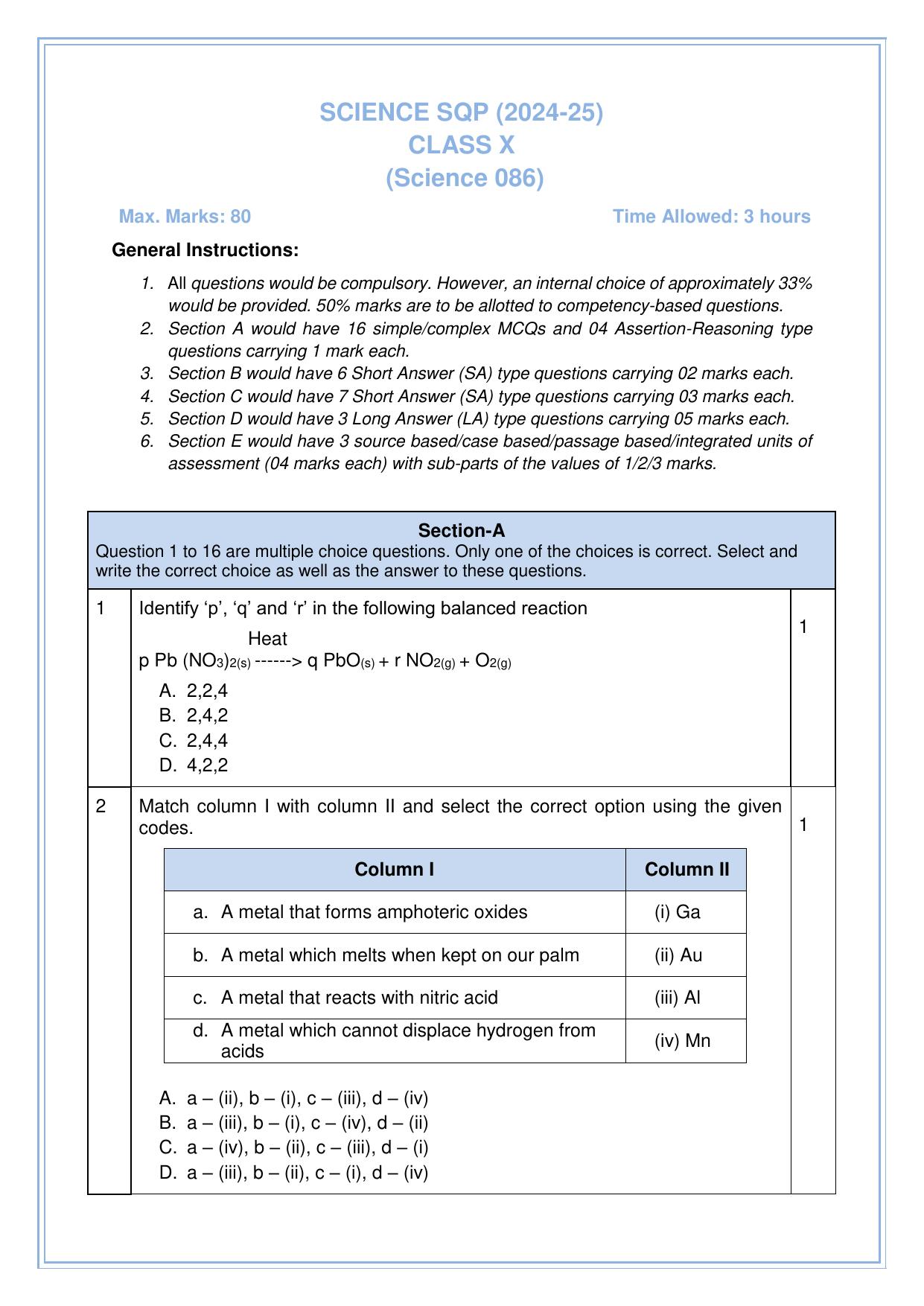 CBSE Class 10 Science Sample Paper 2025 - IndCareer Schools