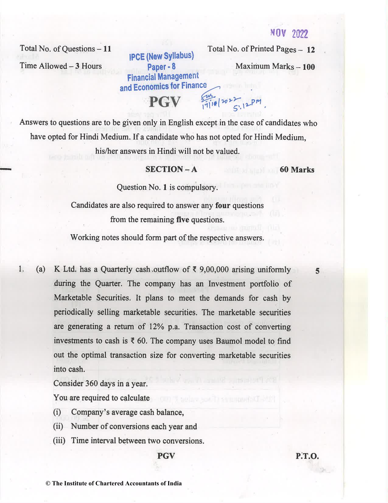 CA Inter Nov 2022 Question Paper - Paper 8 – Financial Management ...