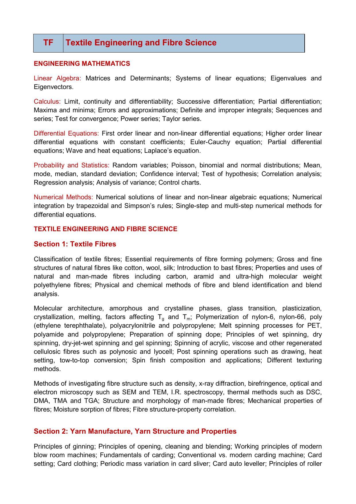 GATE Textile Engineering and Fibre Science Syllabus - IndCareer Docs