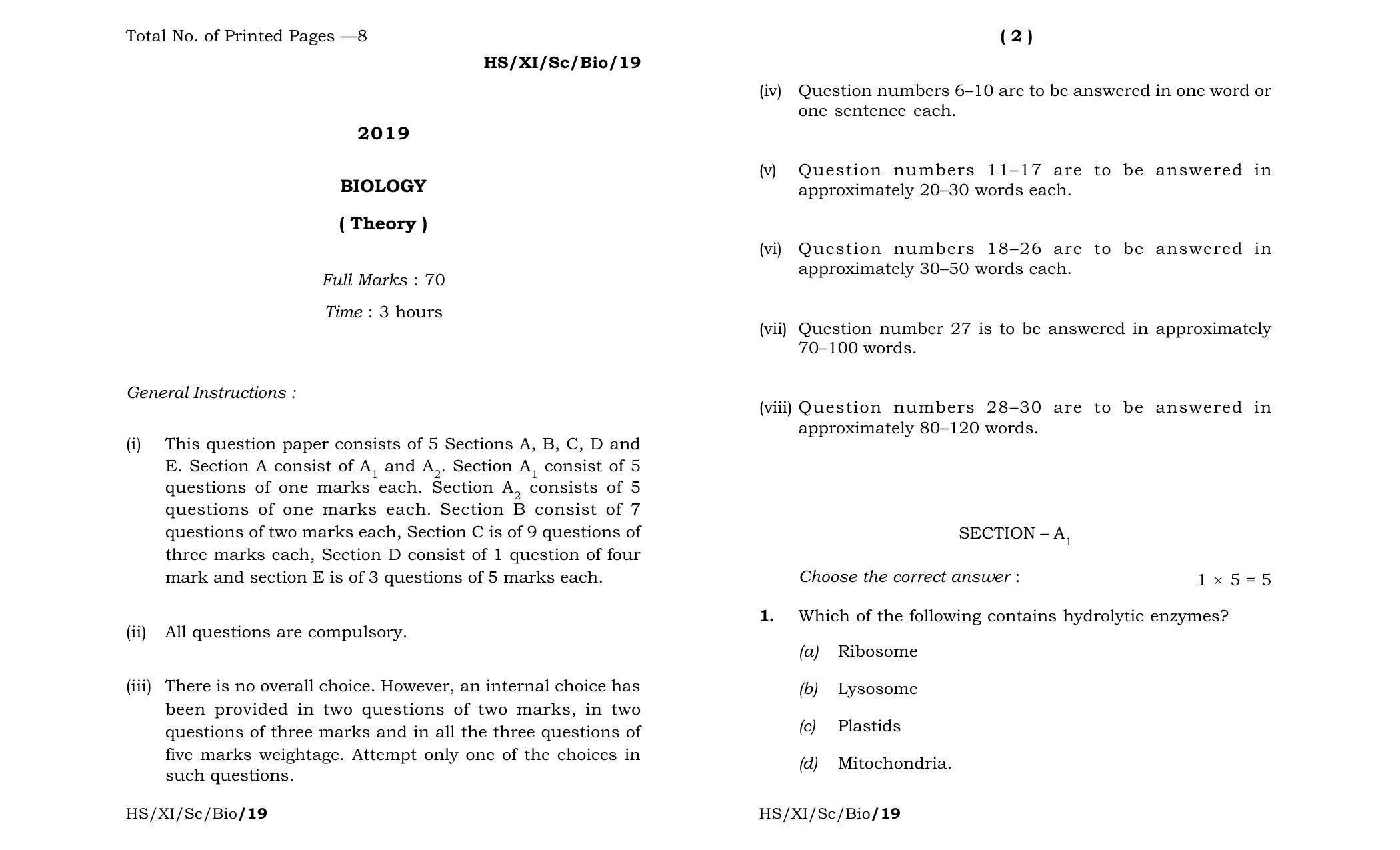 Meghalaya Board (MBOSE) Class 11 Biology 2019 Question Paper ...