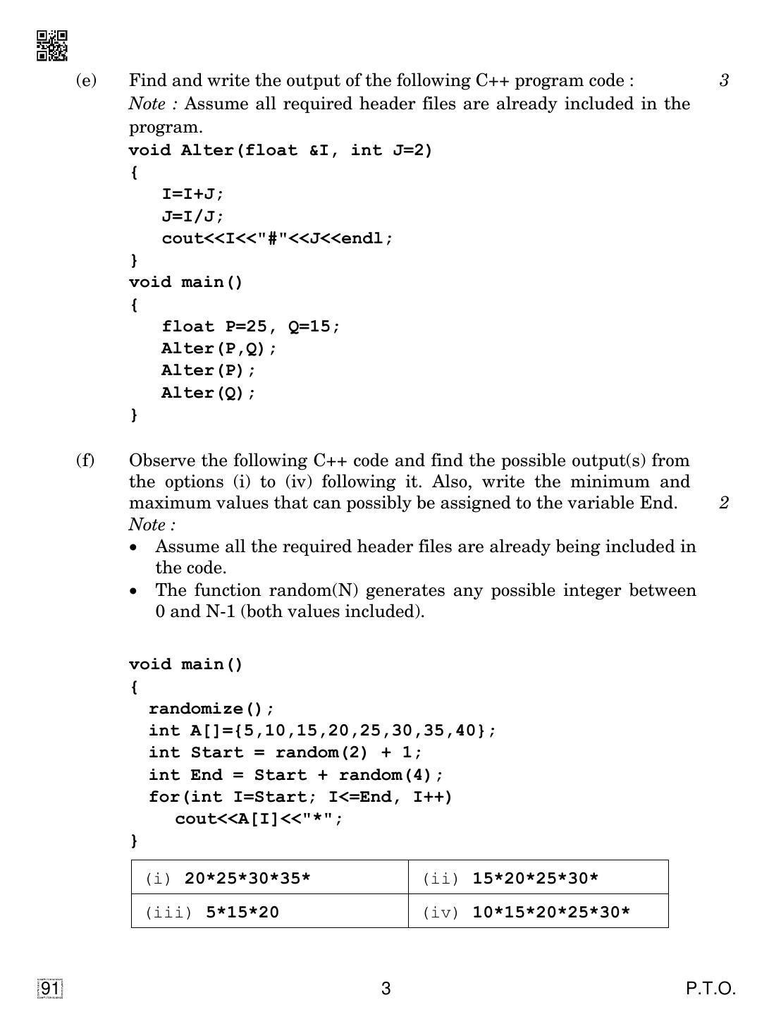 CBSE Class 12 91 COMPUTER SCIENCE 2019 Compartment Question Paper ...